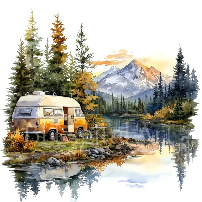 Vintage Camper-van in the Mountains Clipart, Watercolor Retro Camper ...