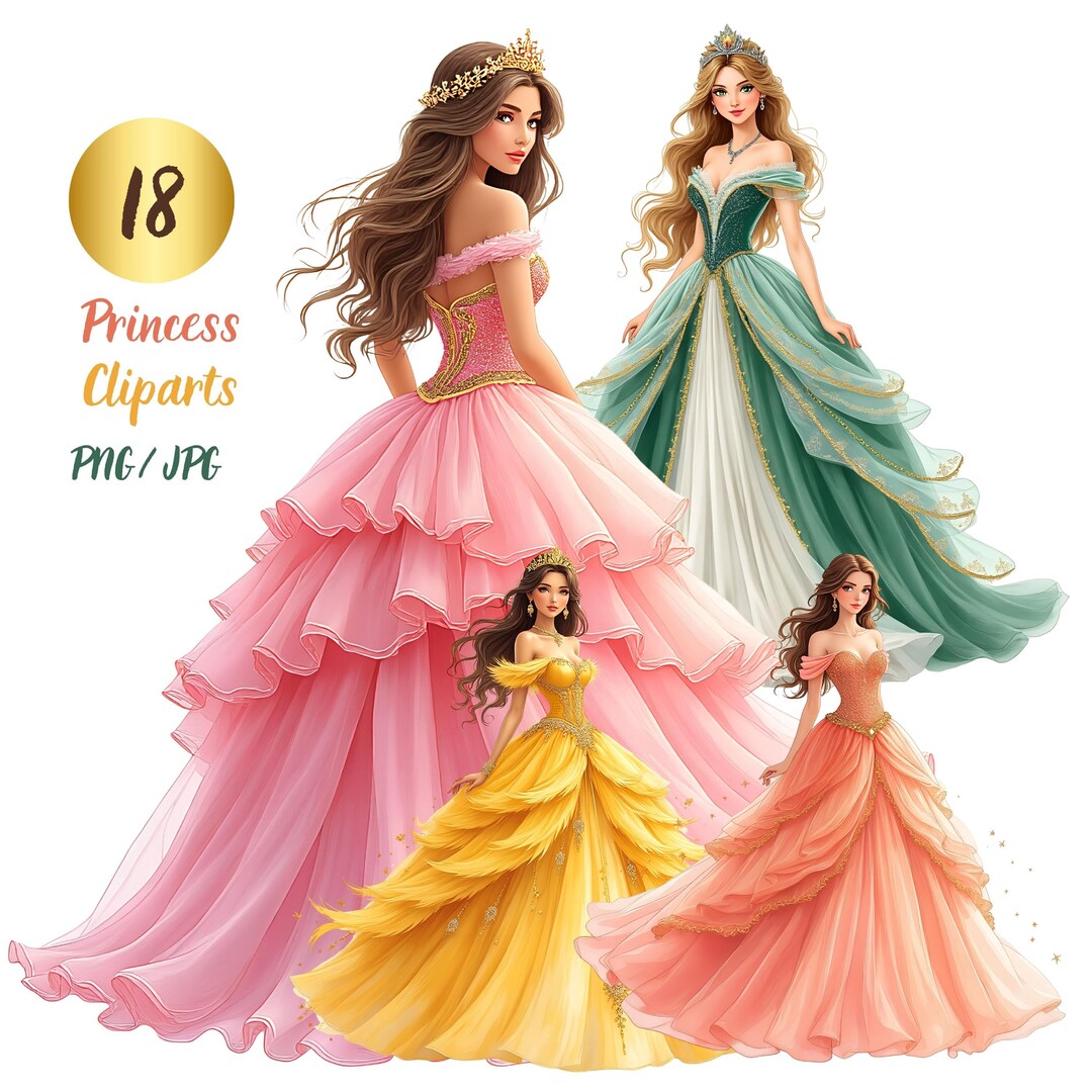 18 Princess Cliparts, Fairytale Princesses in Colorful Gowns, Printable ...