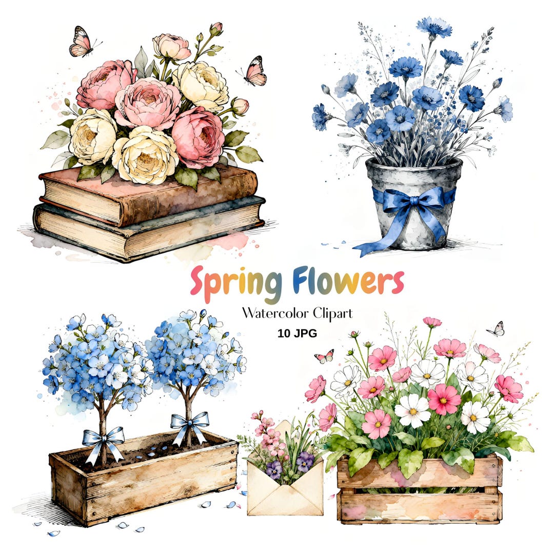 Spring Flowers Watercolor Clipart, 10 Floral Compositions, Rustic ...