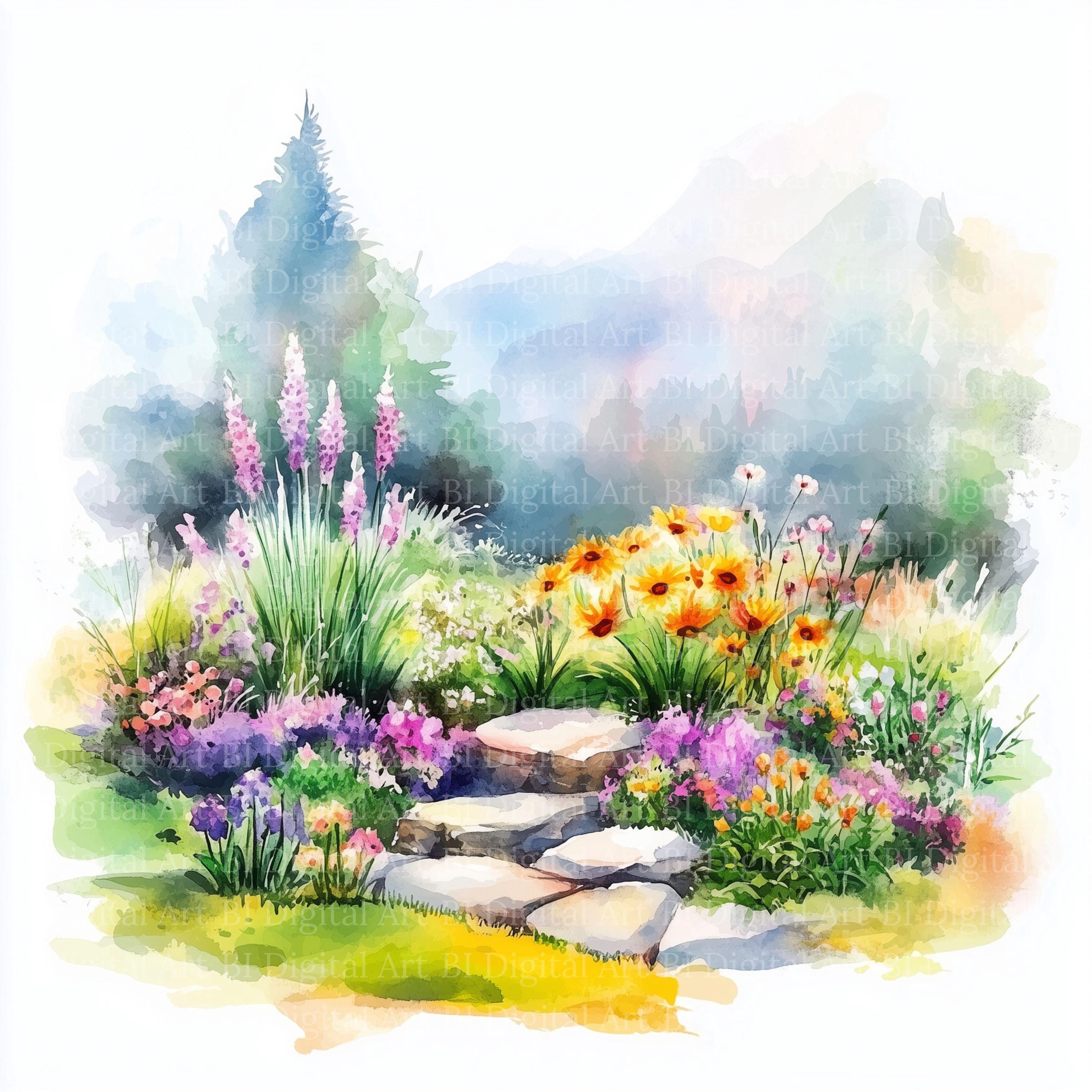 10 Spring Garden Clipart, Watercolor Flower Garden, Printable Files ...