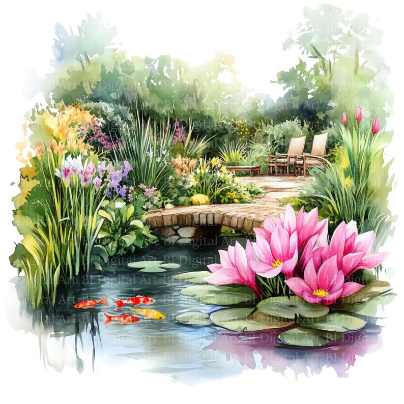 8 Pond With Water Lilies Clipart – Watercolor Garden Ponds Landscapes ...