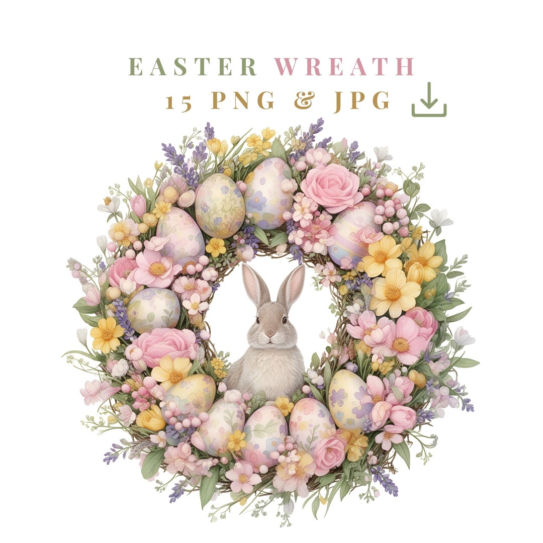Easter Wreath Clipart Set, Watercolor Spring Floral Wreath With Eggs ...