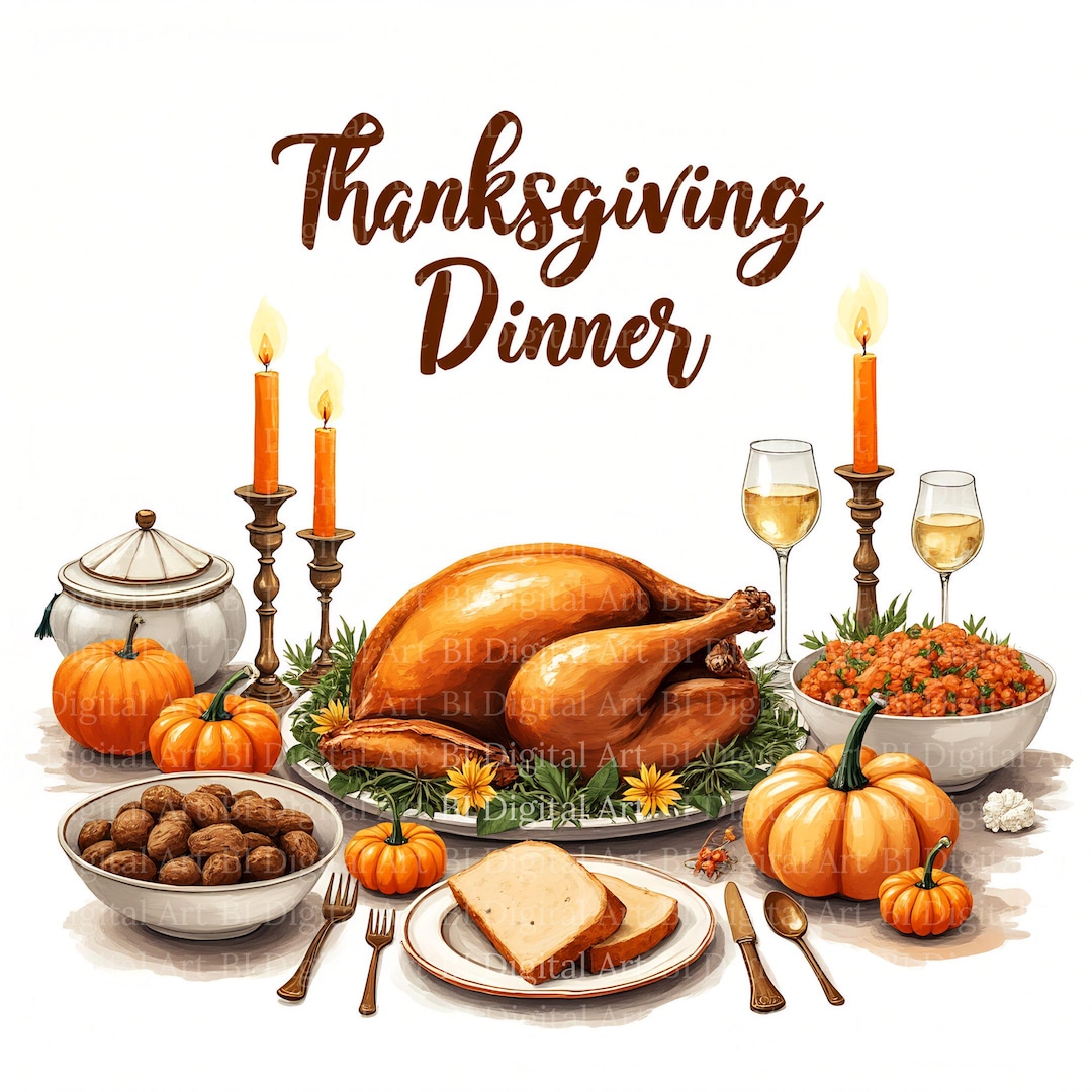 10 Thanksgiving Dinner Cliparts, Watercolor Autumn Feast Illustrations ...