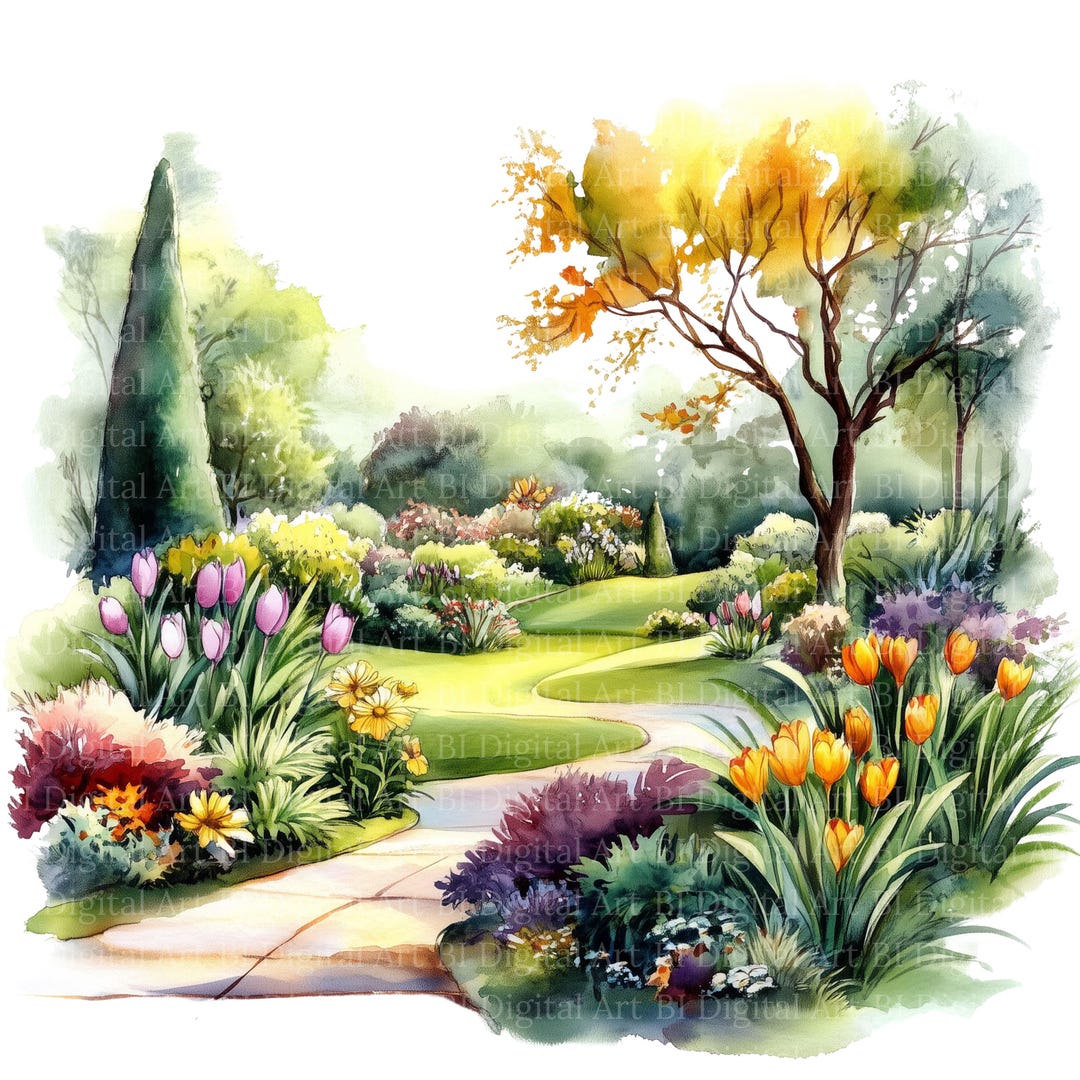 10 Spring Garden Clipart, Watercolor Flower Garden, Printable Files ...