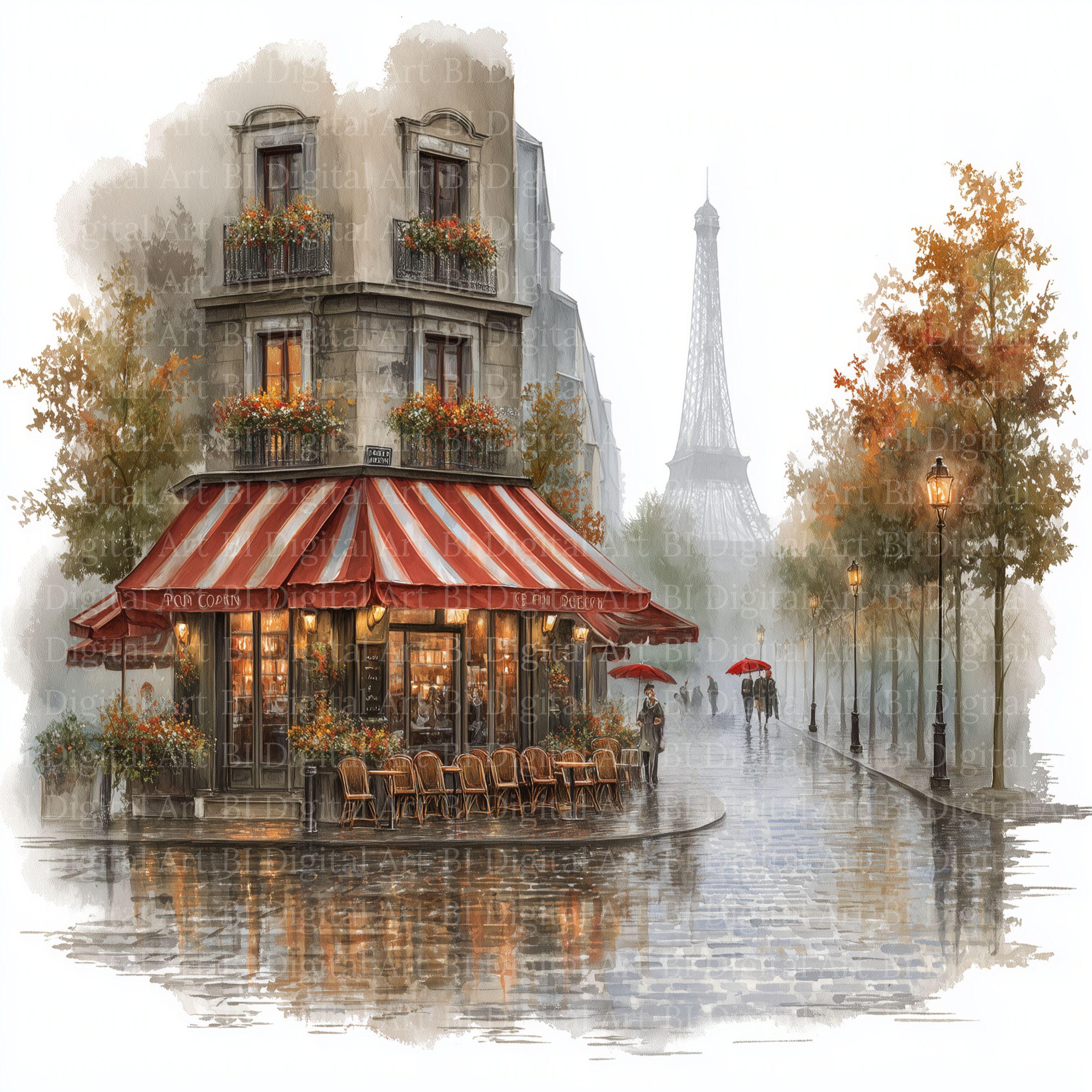7 Paris Rain Café Cliparts, Eiffel Tower Illustrations, Watercolor ...