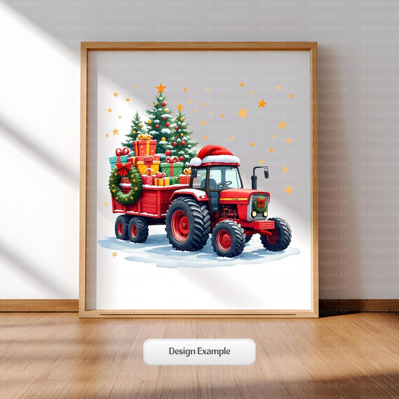 Red Christmas Tractor Clipart – Watercolor Farm Truck With Gifts & Tree ...