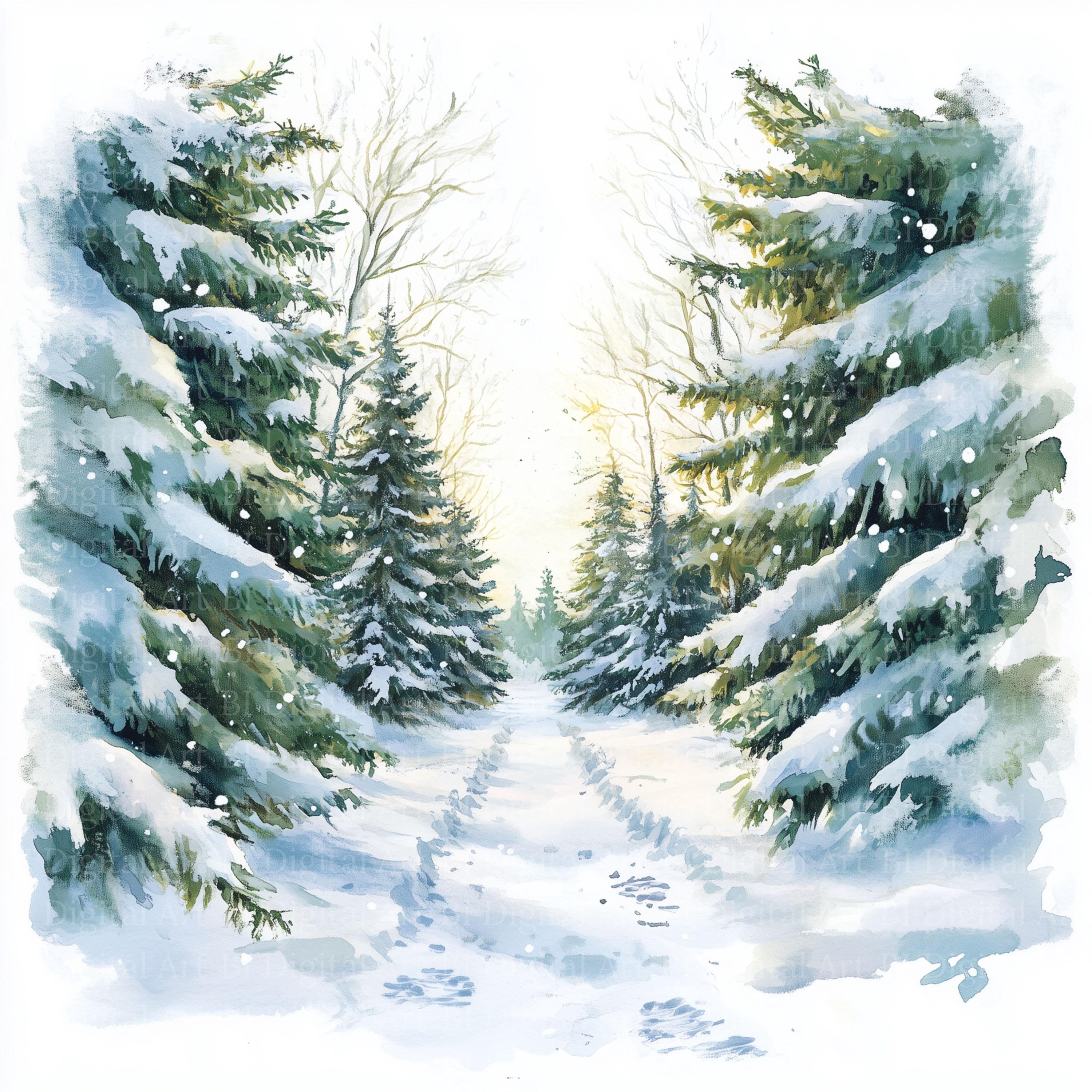 12 Winter Forest Path Cliparts, Watercolor Winter Forest, Snow-covered ...
