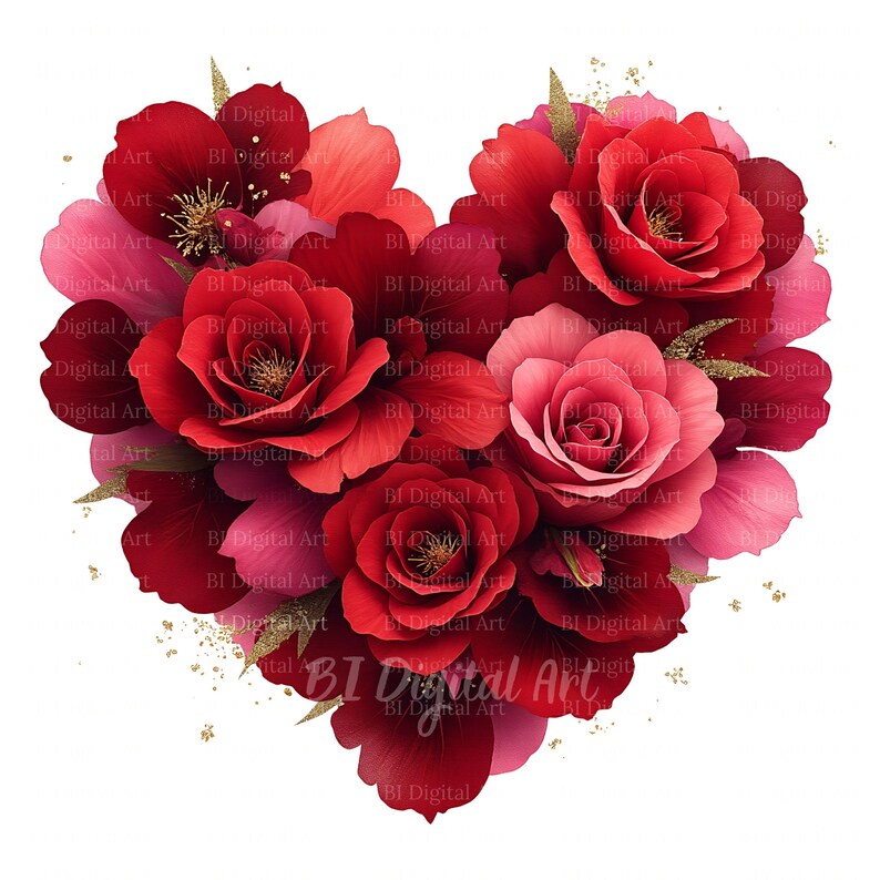 Flower Heart Clipart Set – Romantic Roses & Petals Graphics (12 PNG JPG ...