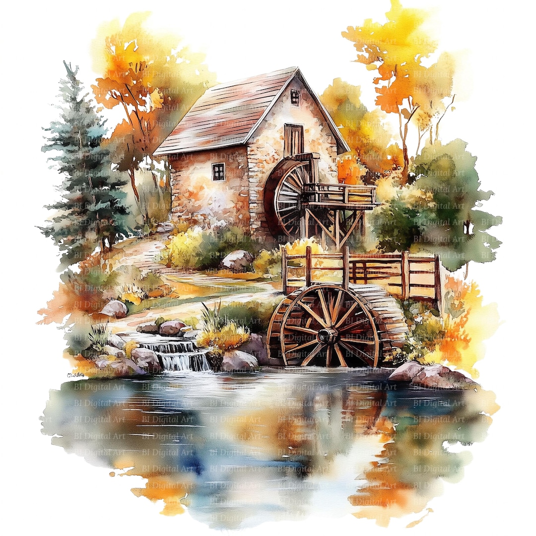 10 Old Watermill Cliparts, Watercolor Autumn Landscape Illustrations ...