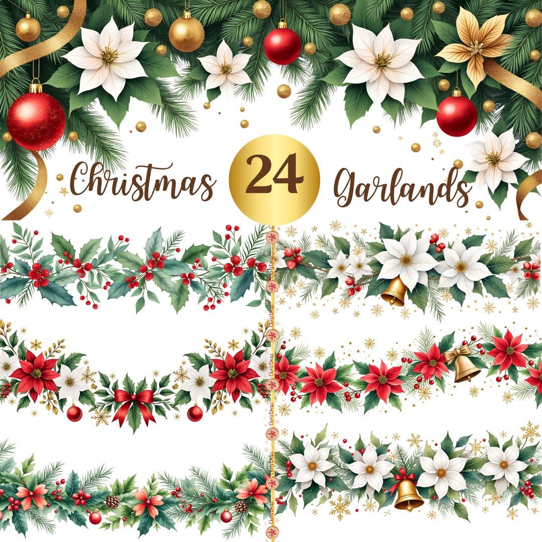 24 Christmas Garland Clipart, Festive-xmas Borders With Bells ...