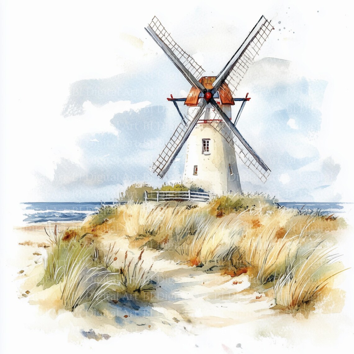 10 Windmills by the Sea, White Windmill - Watercolor Clipart, Landscape ...