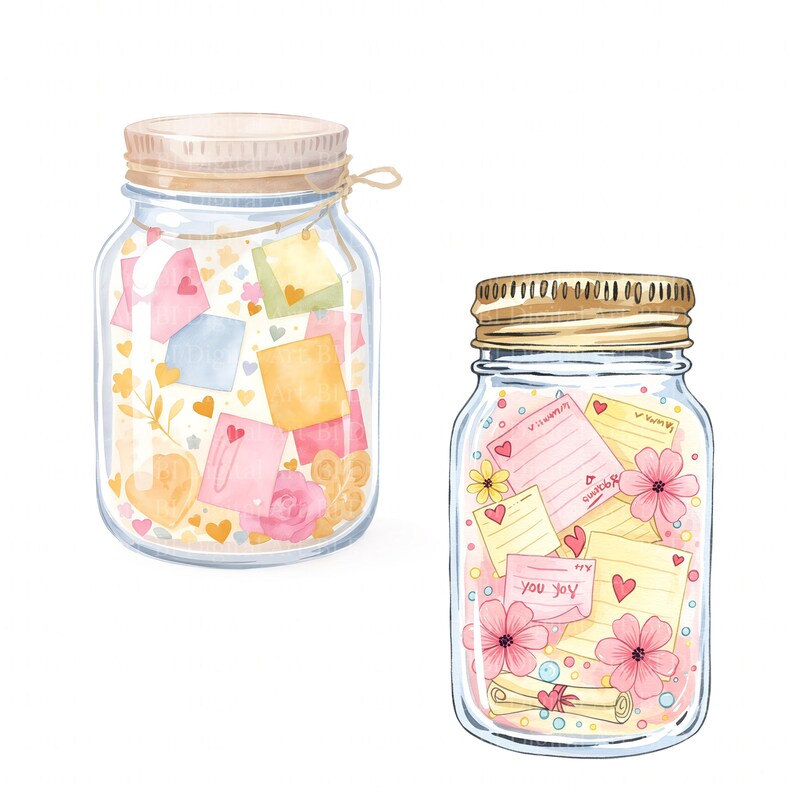 12 Friendship Jar Cliparts – Watercolor Notes & Hearts in a Glass Jar ...