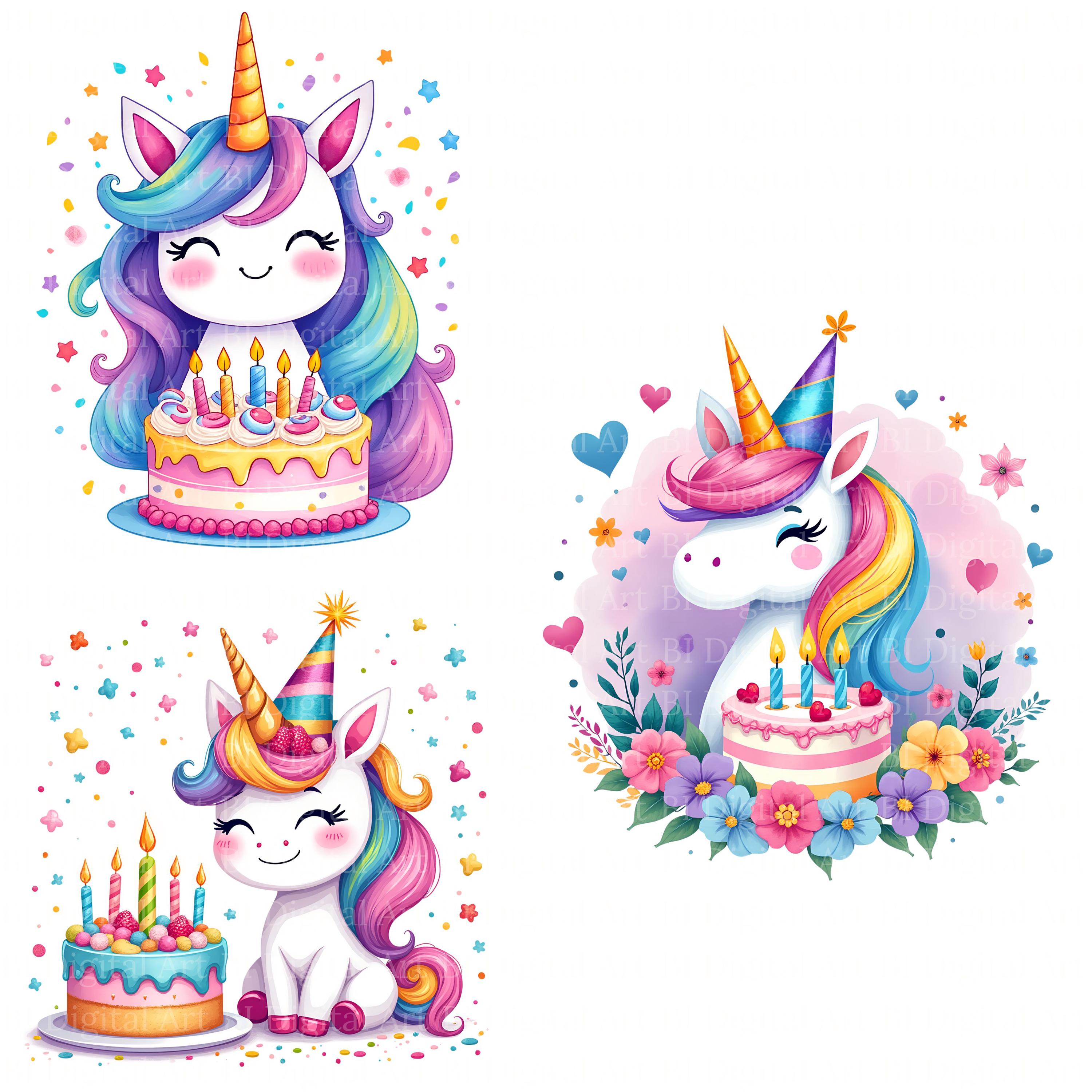14 Cute Birthday Unicorn Clipart – Colorful Cartoon Unicorn With Cake ...