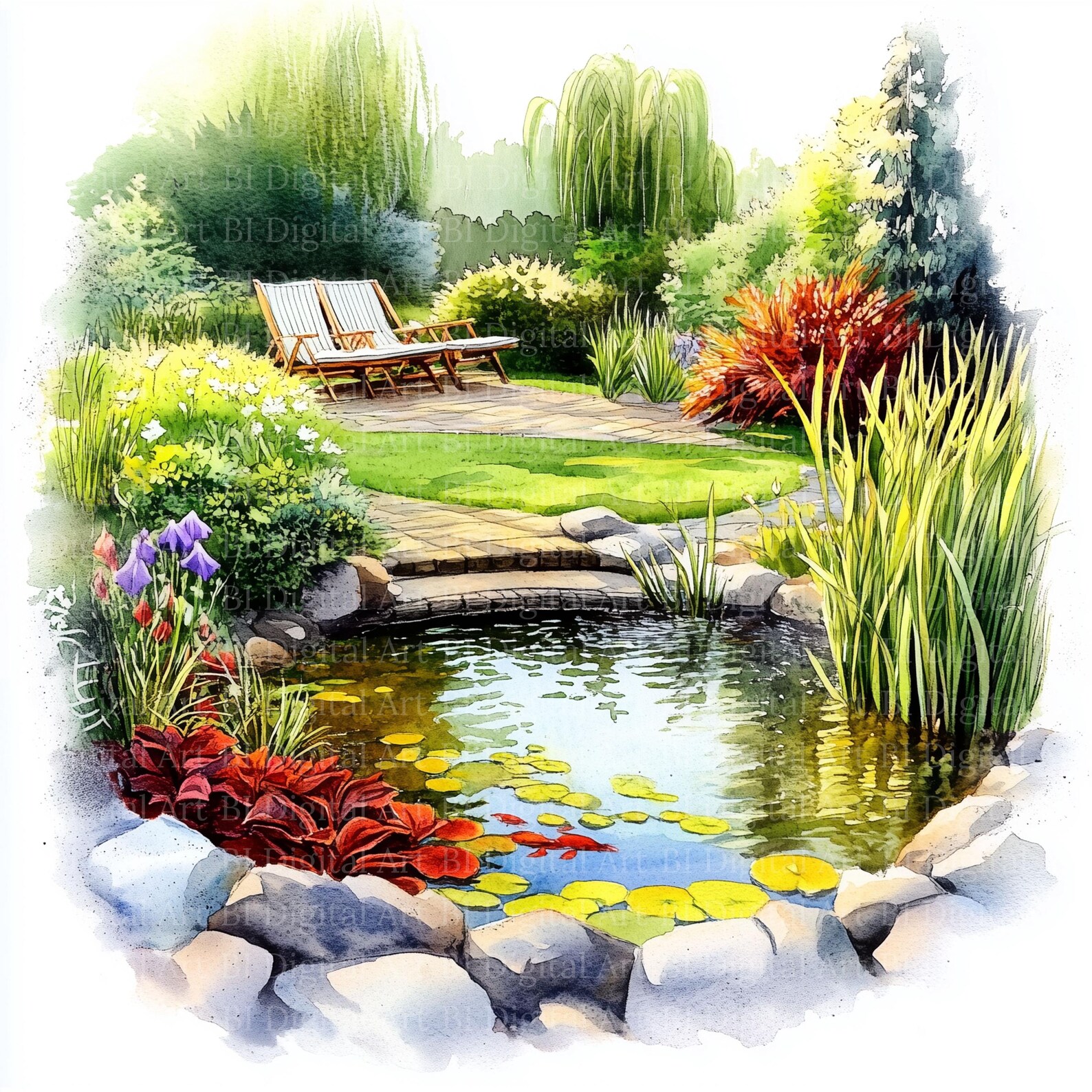 Garden Pond With Bridge and Terrace – 10 Garden Cliparts With Pond ...