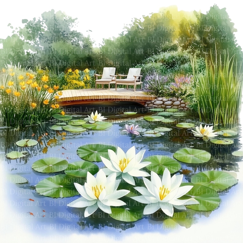 8 Pond With Water Lilies Clipart – Watercolor Garden Ponds Landscapes ...
