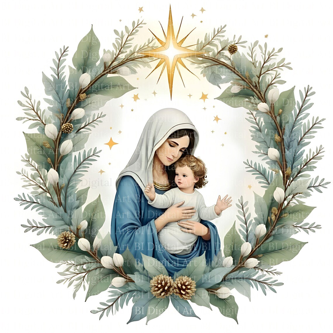 10 Nativity Christmas Wreath Cliparts – Watercolor Illustrations With ...