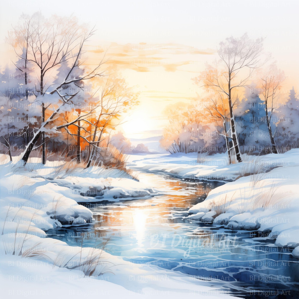 9 Watercolor Winter River Landscape Cliparts – Snowy Riverbanks in ...