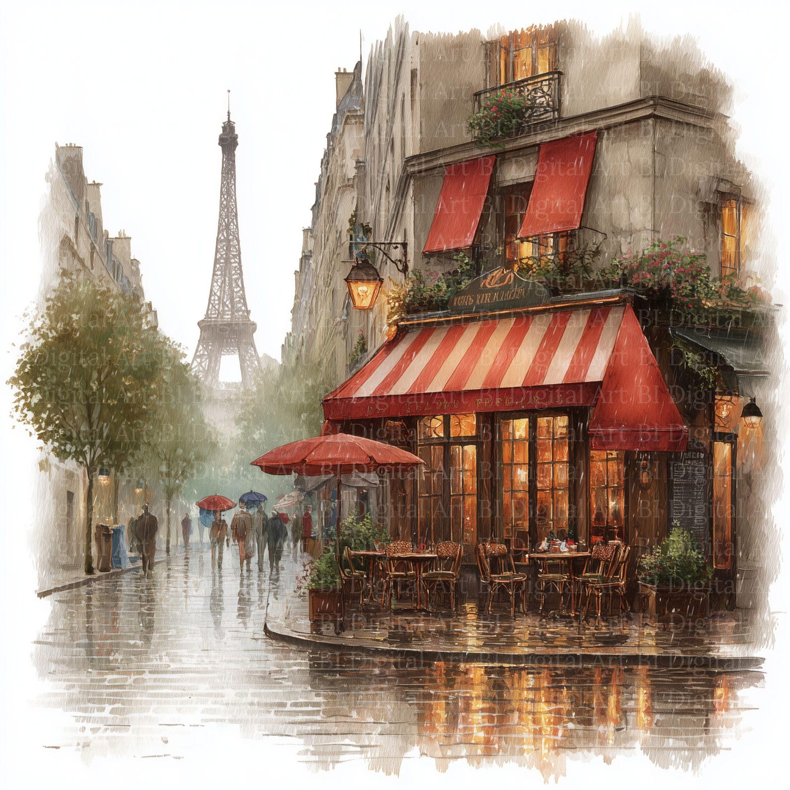 7 Paris Rain Café Cliparts, Eiffel Tower Illustrations, Watercolor ...