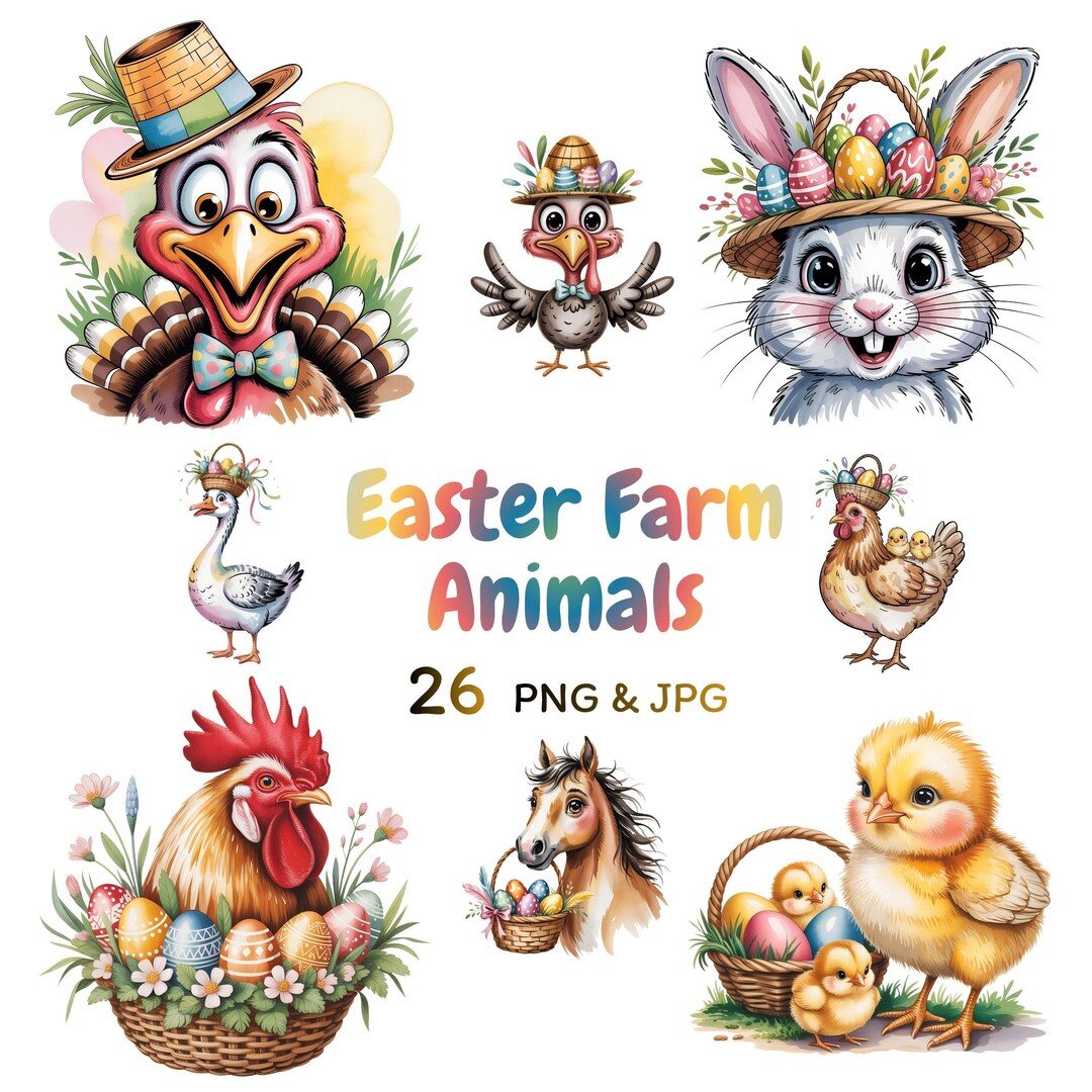 Easter Farm Animal Clipart Set - Funny Spring Animals (26 PNG & JPG ...