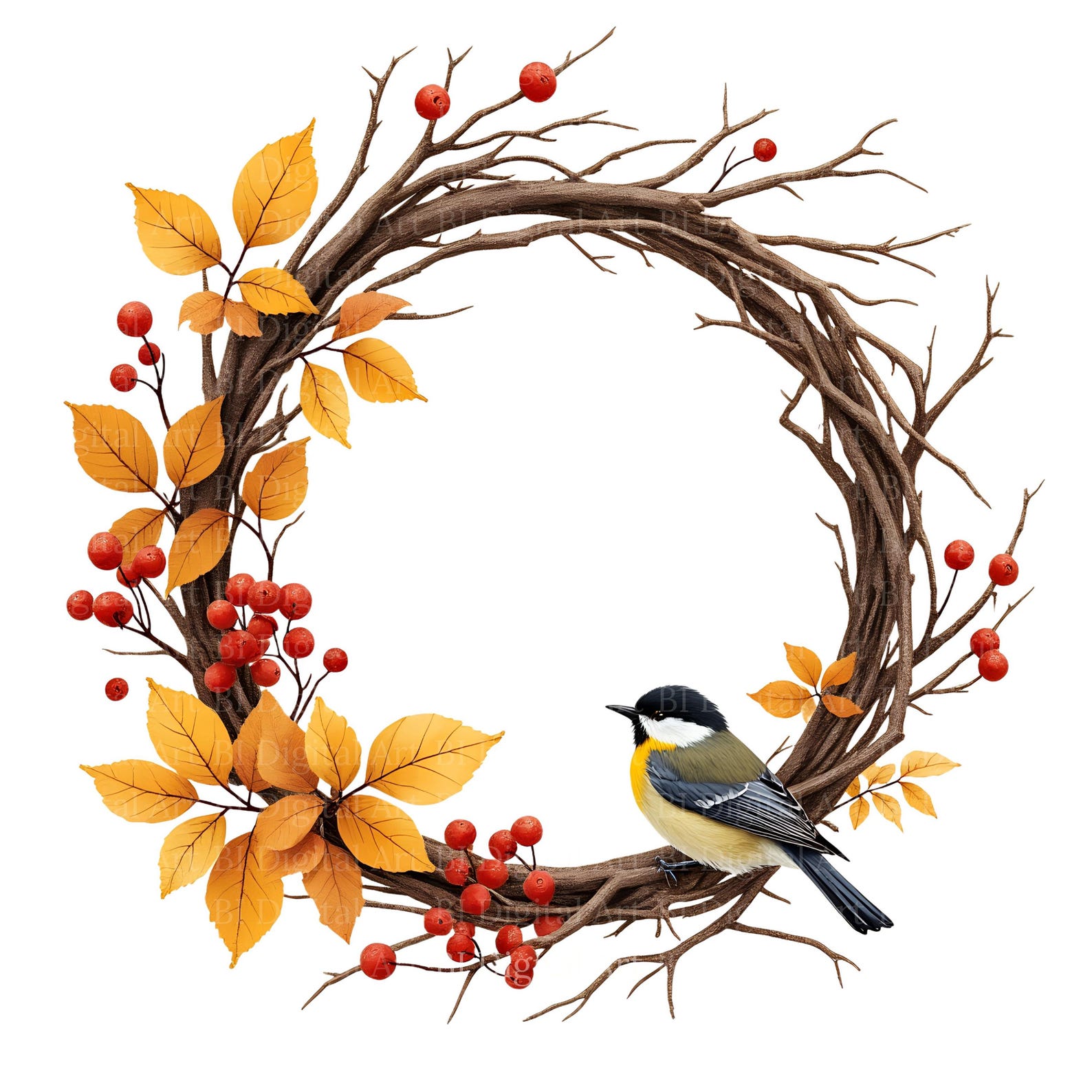 10 Autumn Wreath With Bird Clipart – Fall Leaves, Branches & Red ...