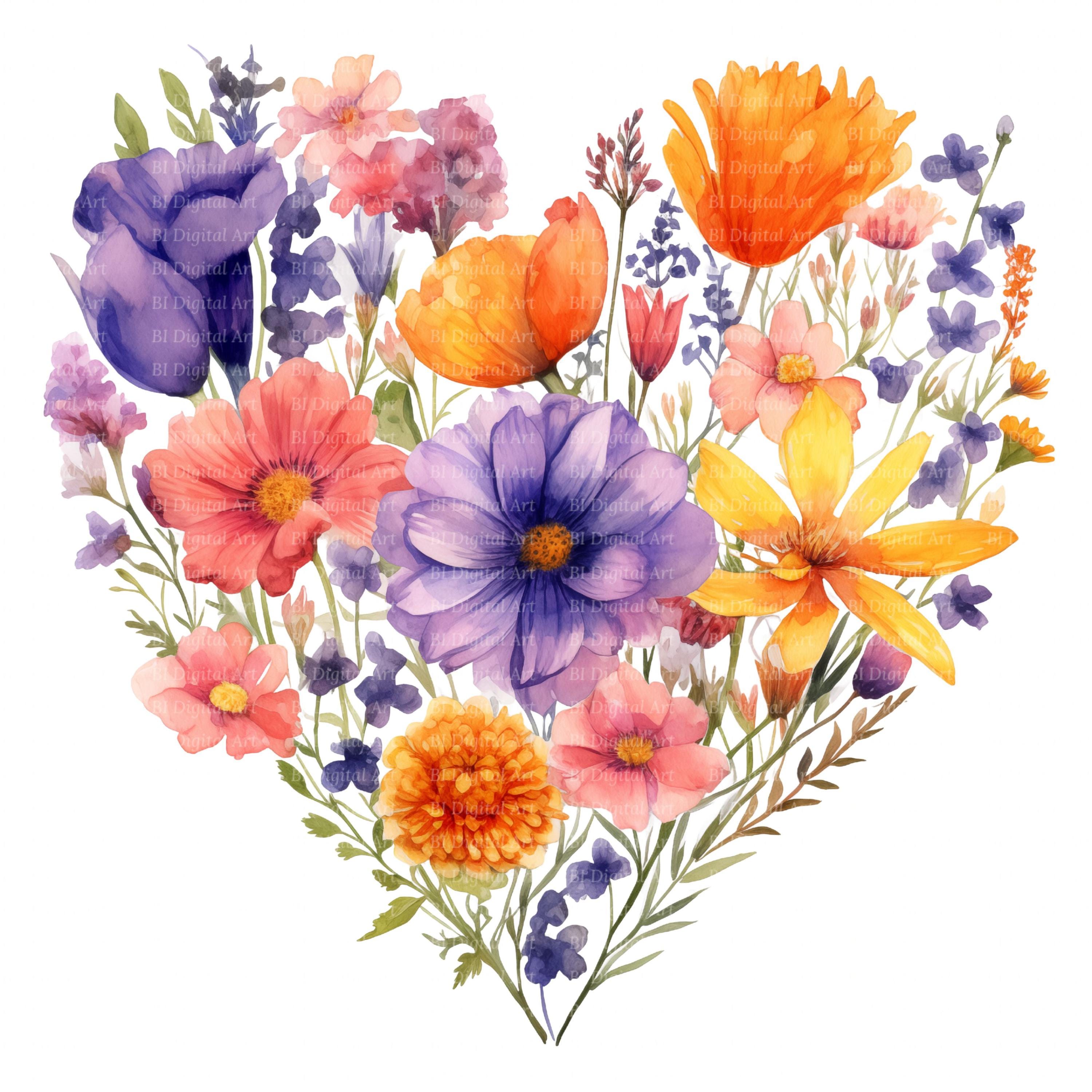 10 Wildflower Heart Cliparts, Watercolor Floral Heart Illustrations ...