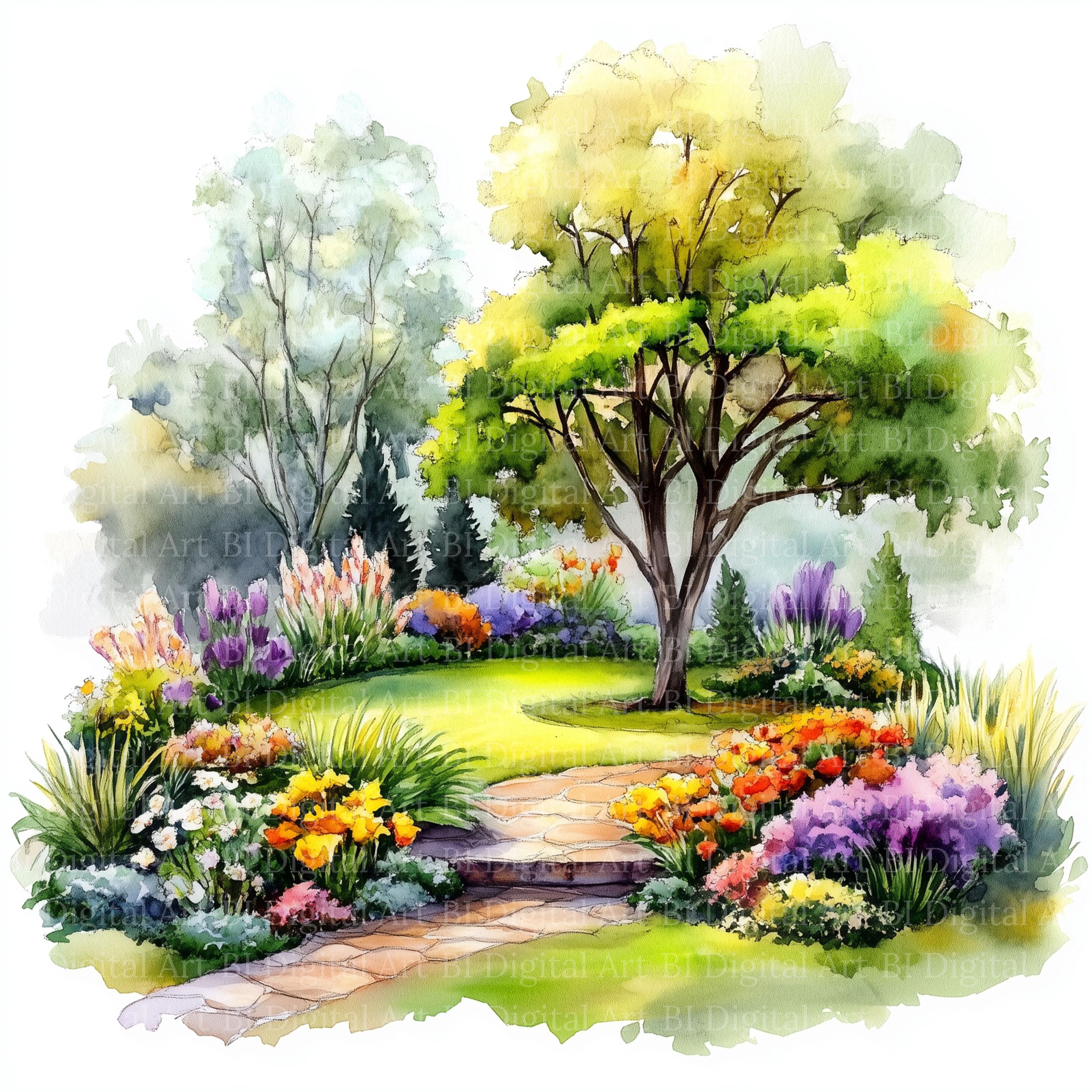 10 Spring Garden Clipart, Watercolor Flower Garden, Printable Files ...