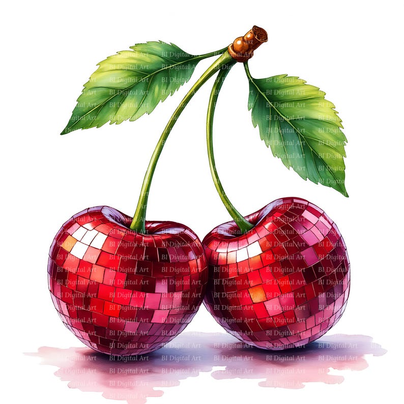 10 Cherry Disco Ball Cliparts, Watercolor Party Cherries, Retro Disco ...