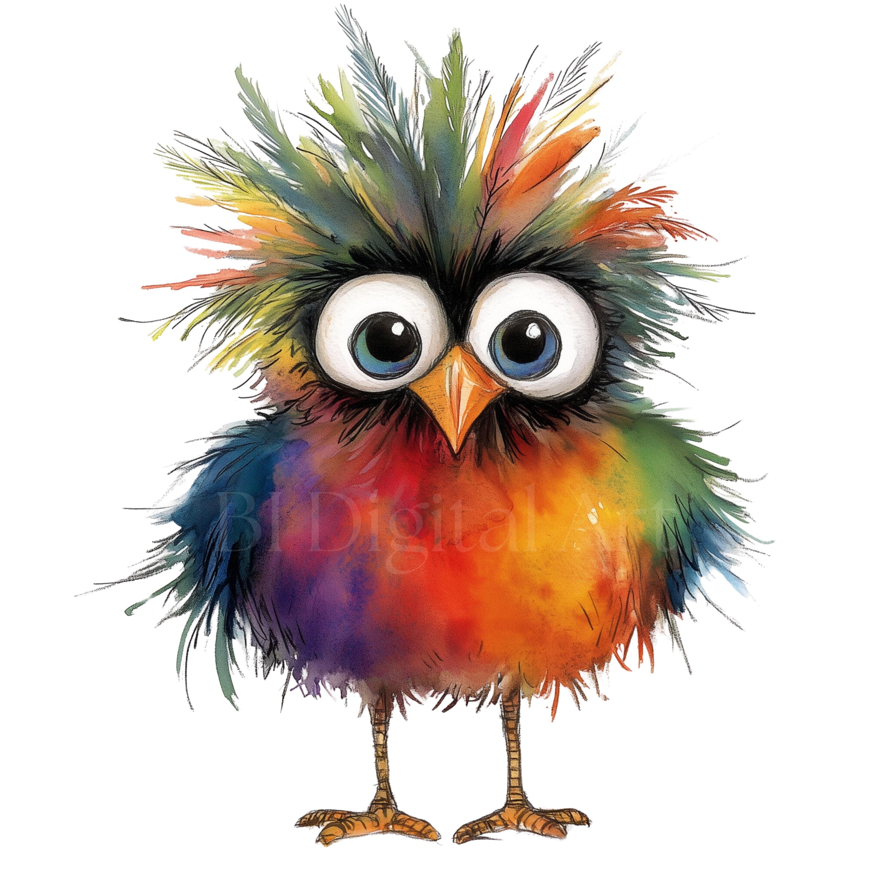 10 Funny Bird Clip Art, Whimsical Bird, Watercolor Images, Transparent ...