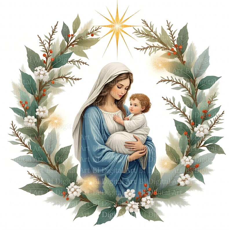 10 Nativity Christmas Wreath Cliparts – Watercolor Illustrations With ...