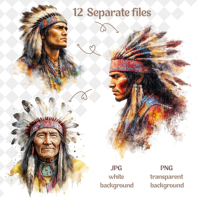 14 Native American Indian Chief Clipart, Indian Chief Images, Printable Watercolor, Hi-res PNG ...