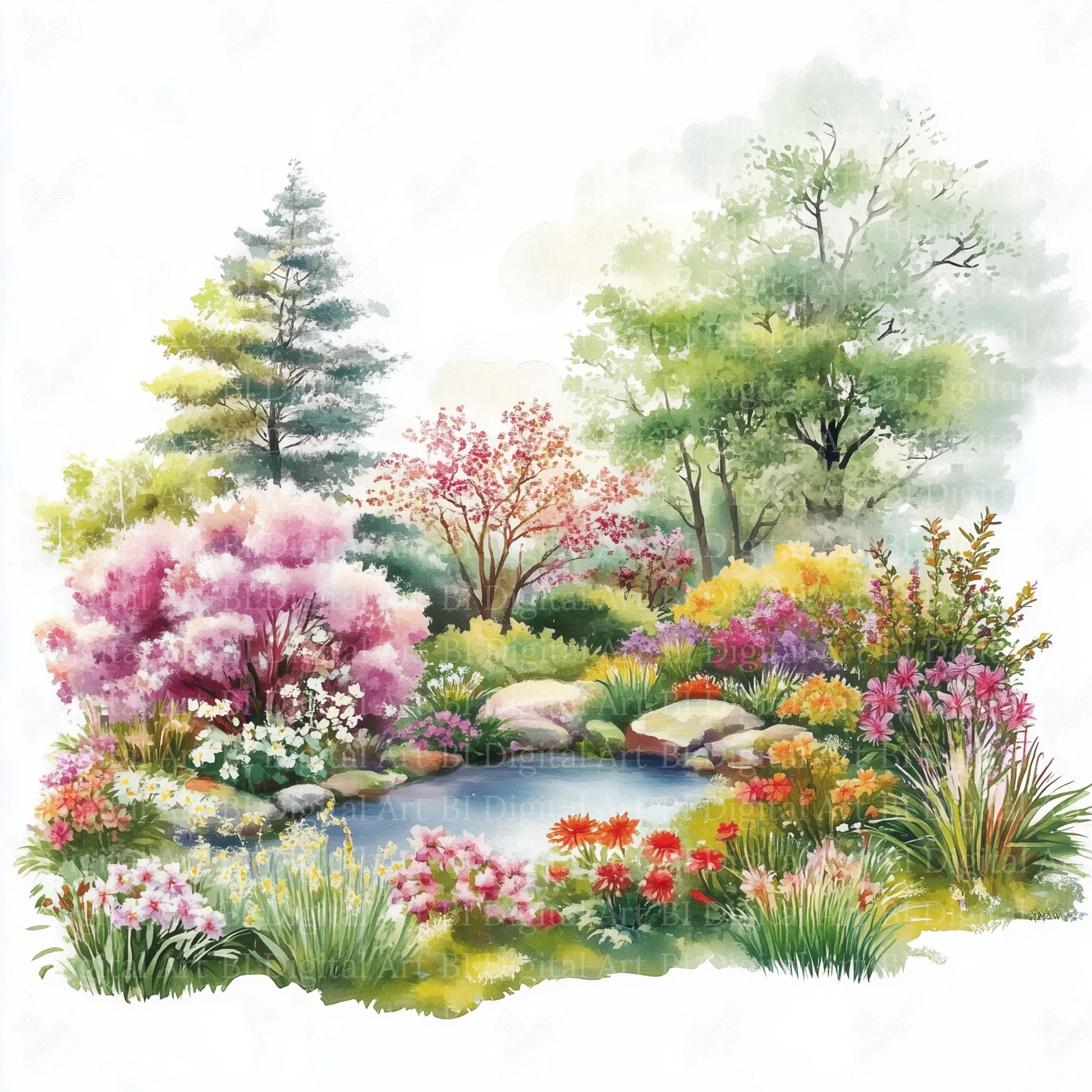 12 Garden Pond Clip Art – Spring Garden Watercolor Landscapes, Garden ...
