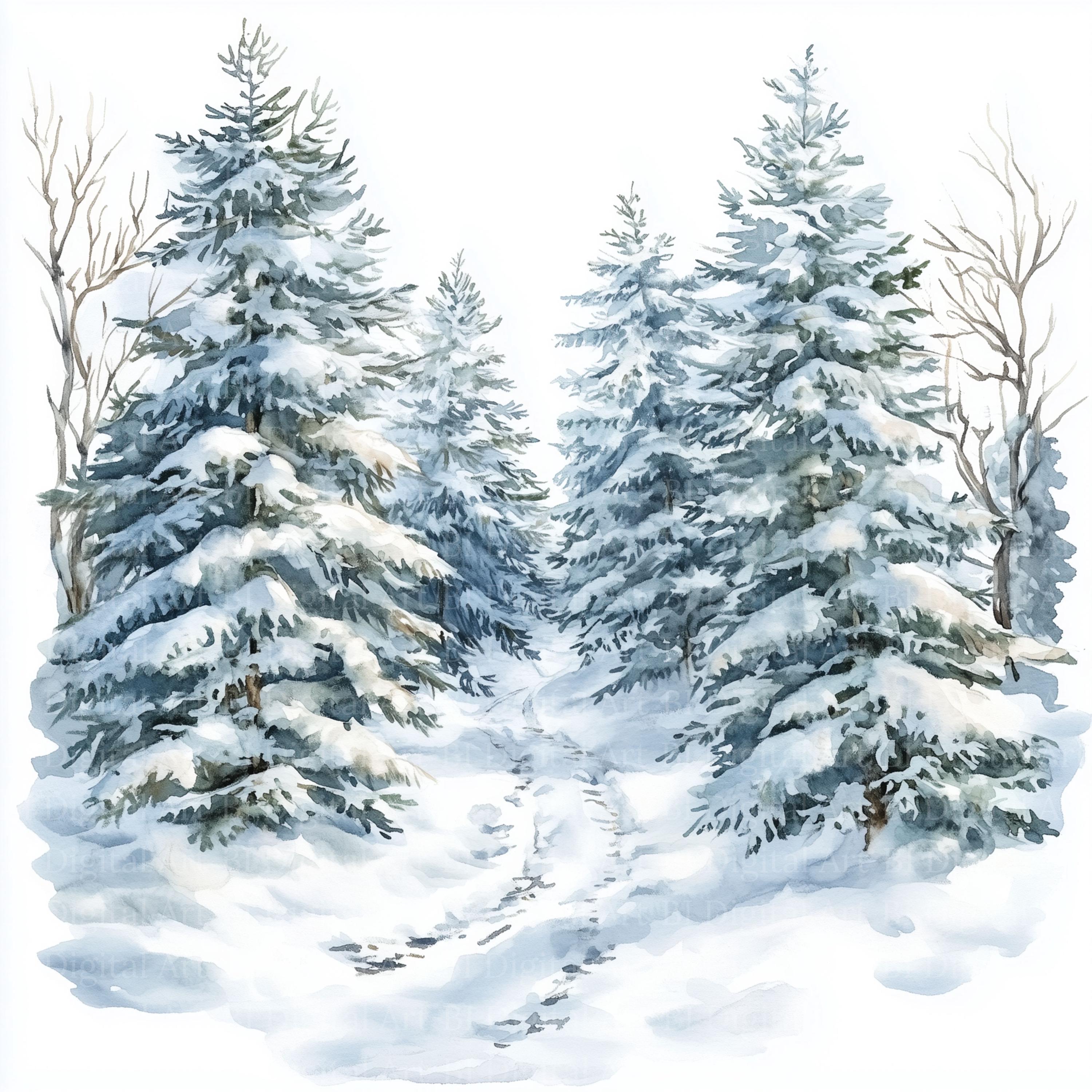 12 Winter Forest Path Cliparts, Watercolor Winter Forest, Snow-covered ...