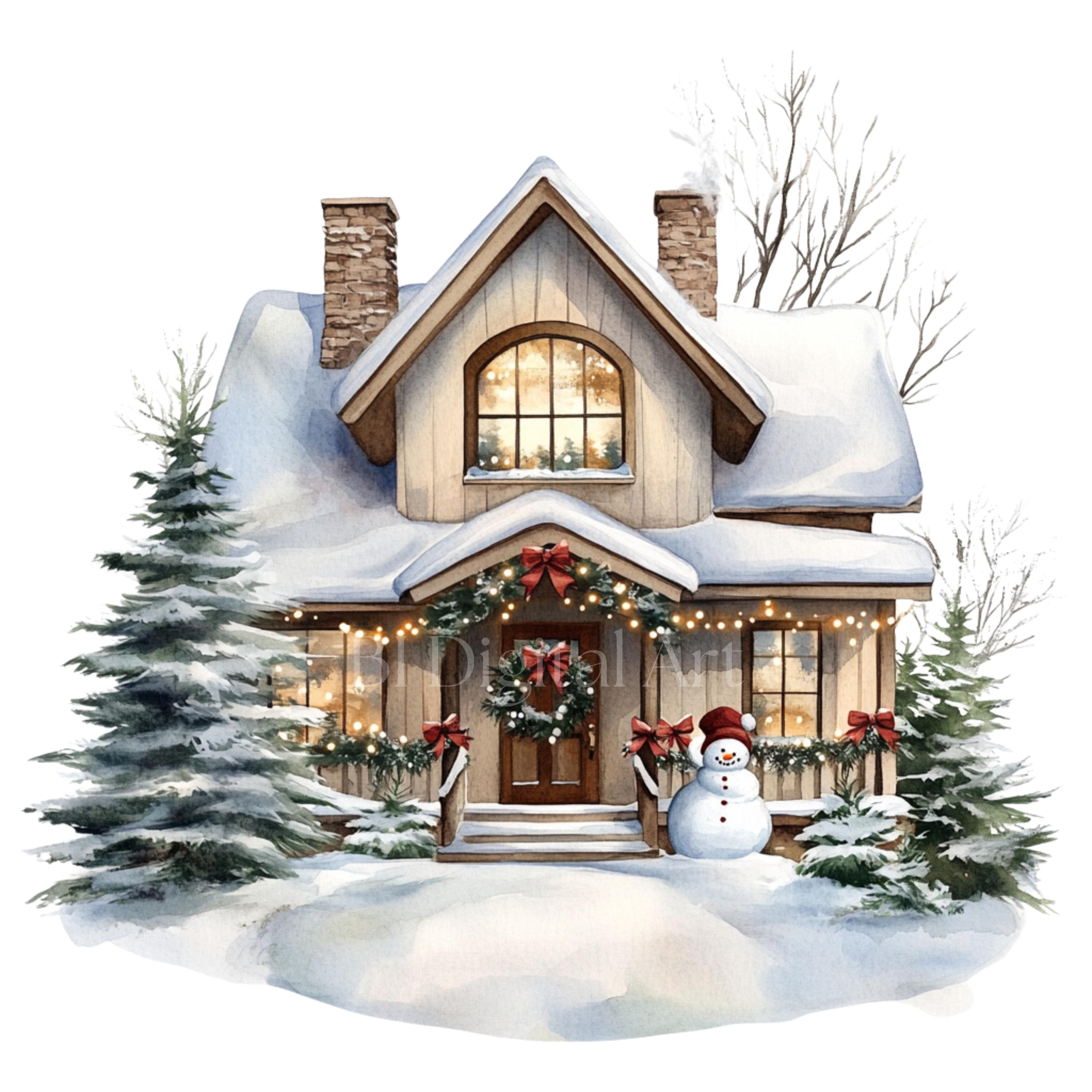 12 Winter House Clipart, Watercolor Winter Homes Clipart, Christmas ...