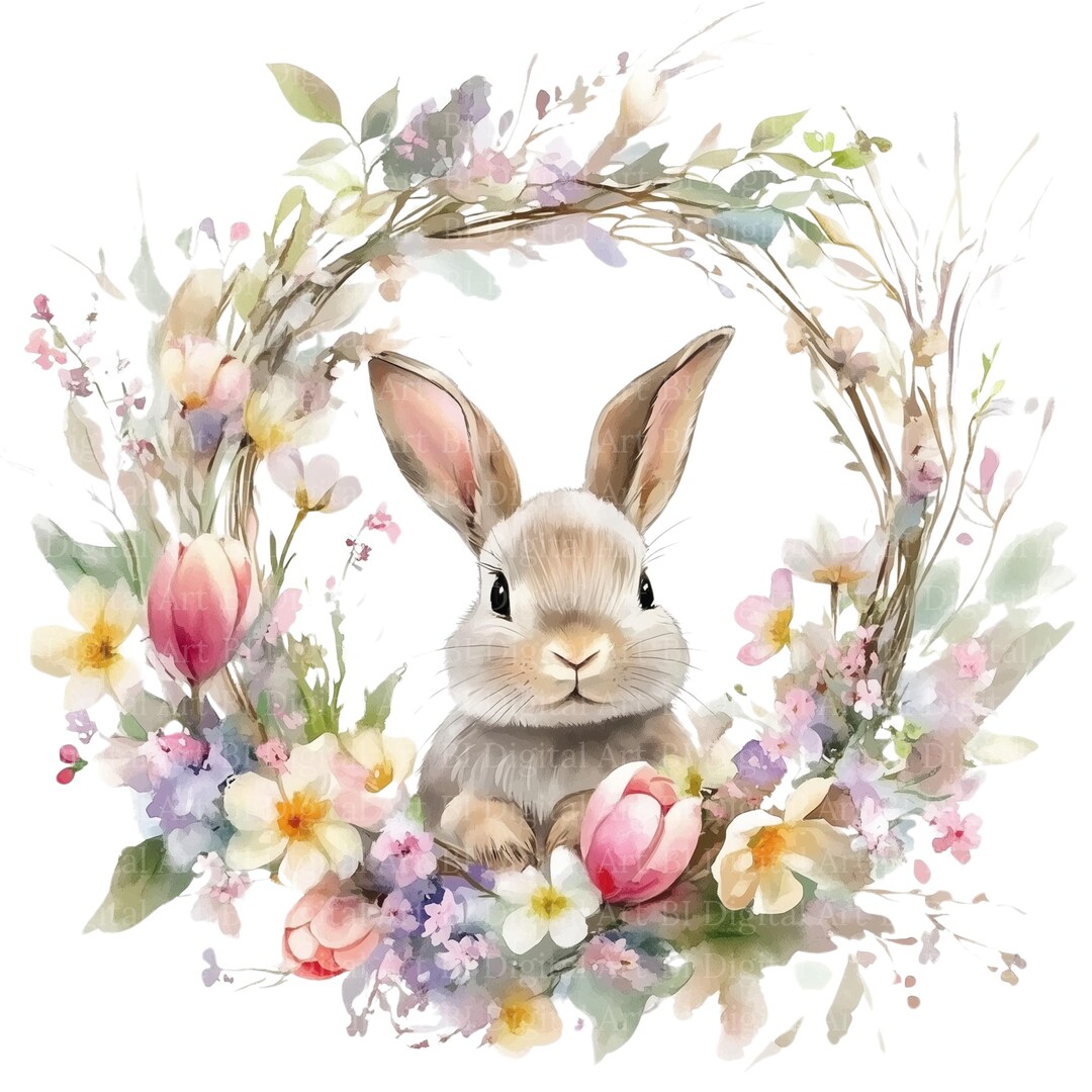 Set of 8 Easter Bunny Cliparts With Floral Wreath, Watercolor Easter ...