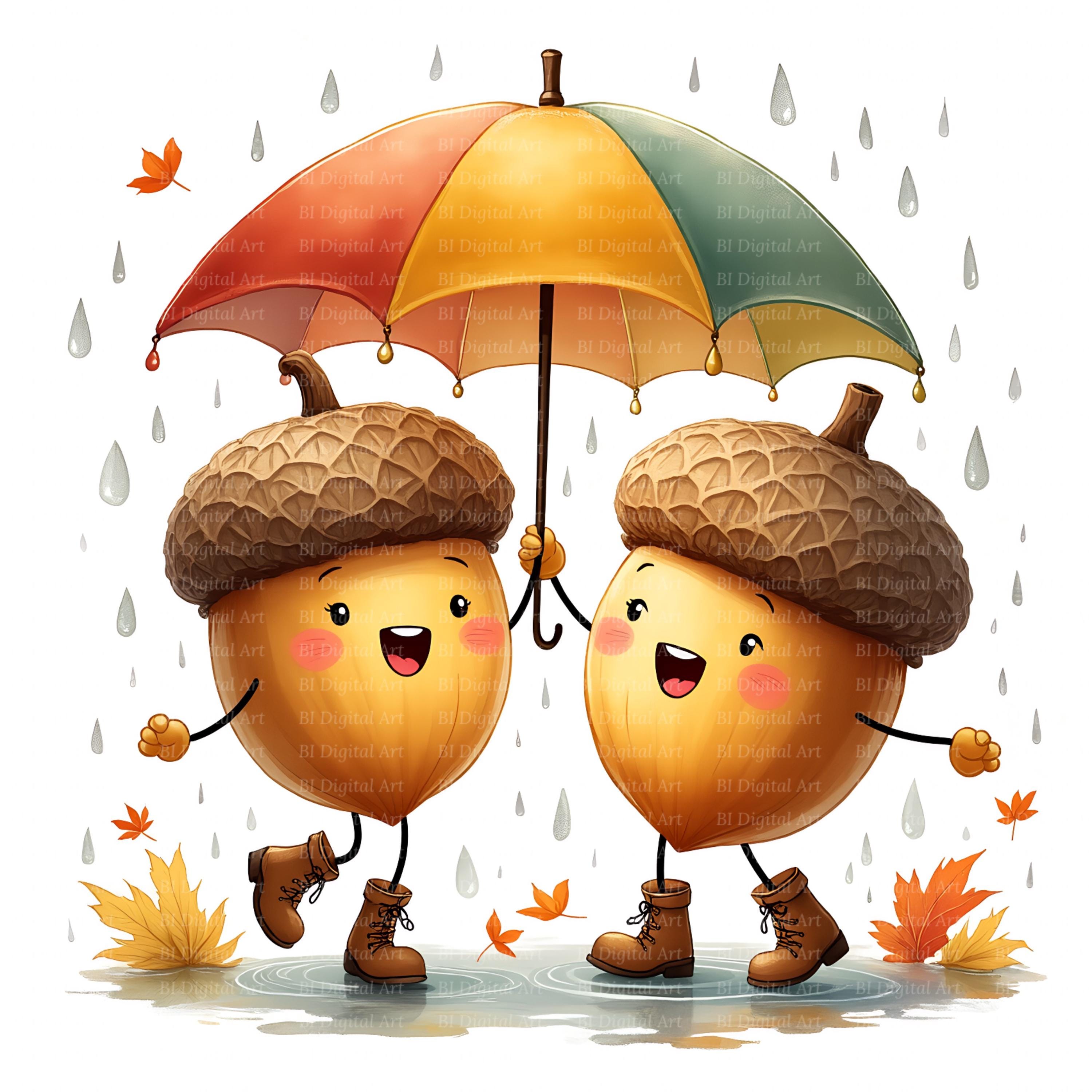 10 Cute Acorns in Rain Cliparts, Cartoon Fall Acorns, Printable Nursery ...