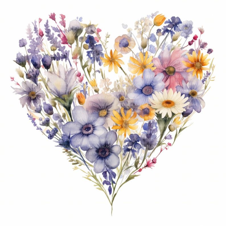 10 Wildflower Heart Cliparts, Watercolor Floral Heart Illustrations ...