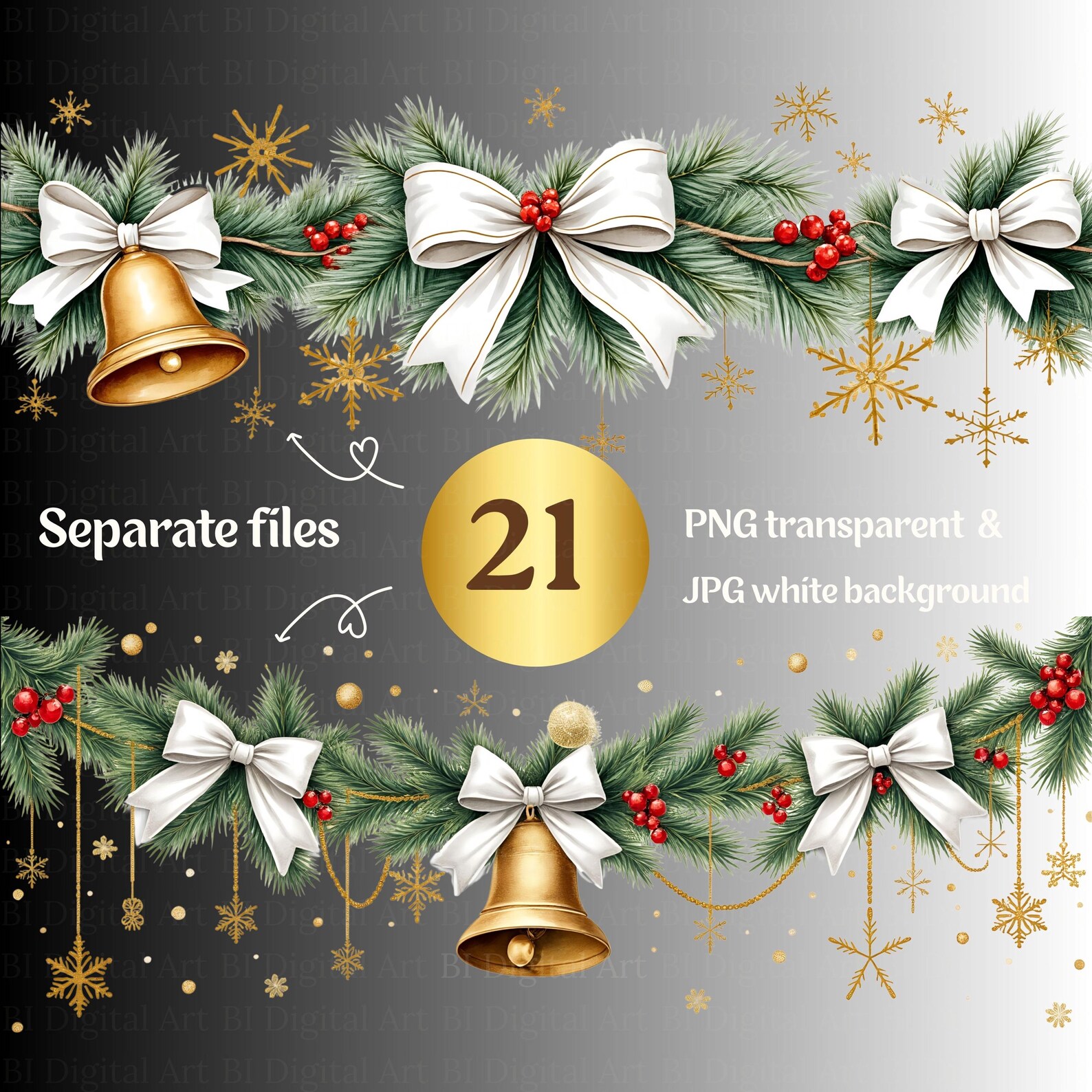 21 Christmas Garland Clipart, Festive-xmas Borders With Bells ...
