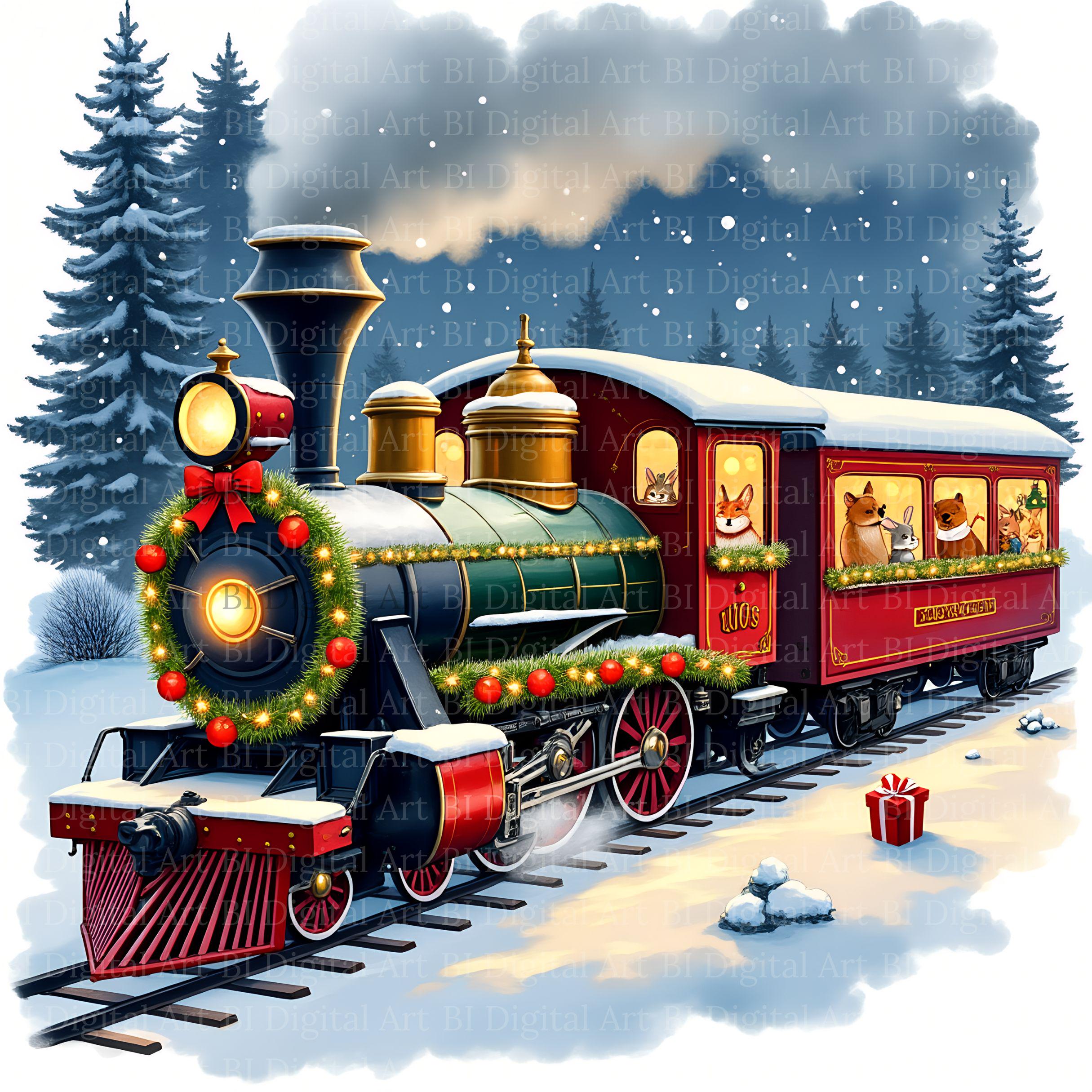 Christmas Locomotive Clipart Set - 11 Watercolor Illustrations of Train ...