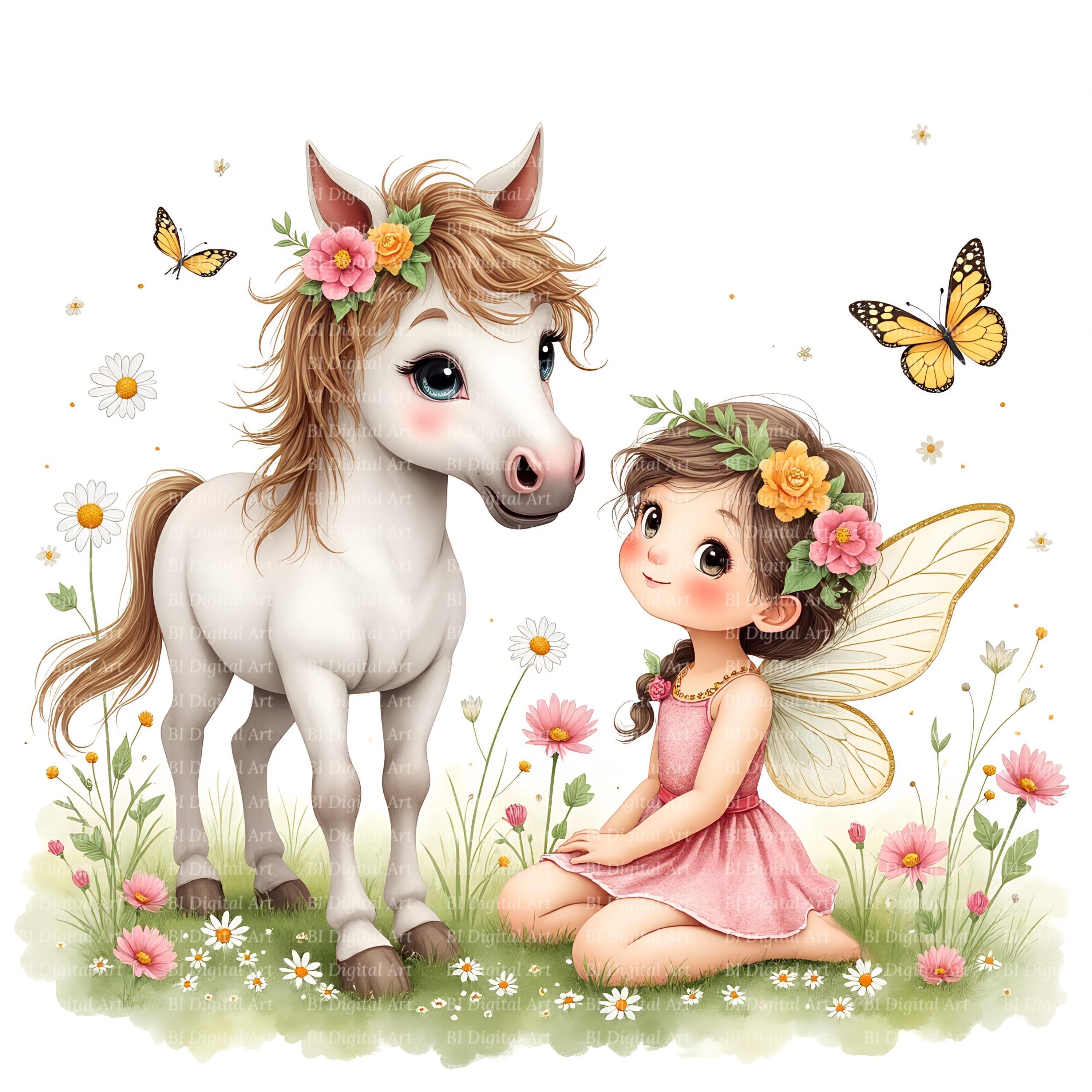 12 Fairy Girl With Horse Cliparts, Printable Watercolor Illustrations ...