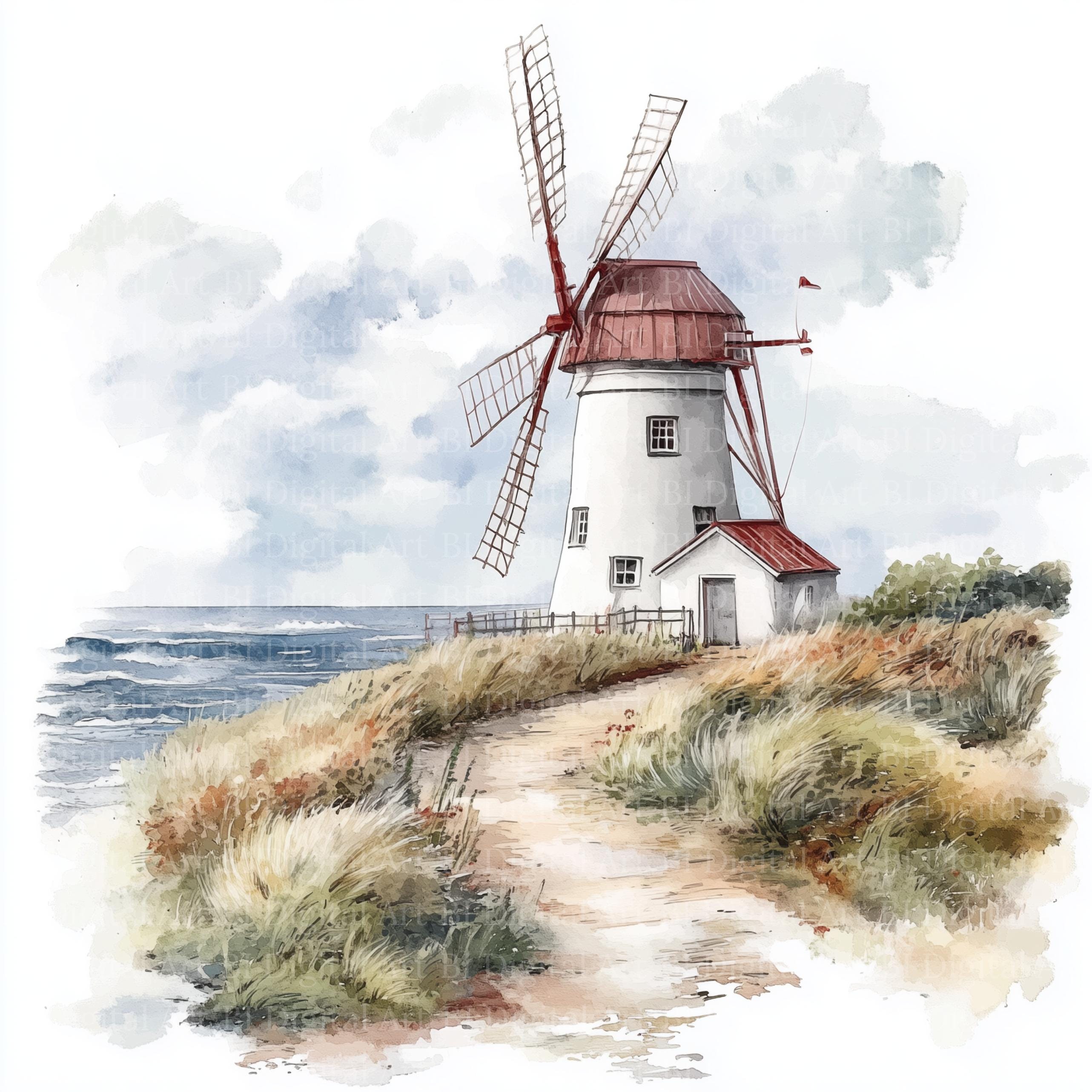 10 Windmills by the Sea, White Windmill - Watercolor Clipart, Landscape ...