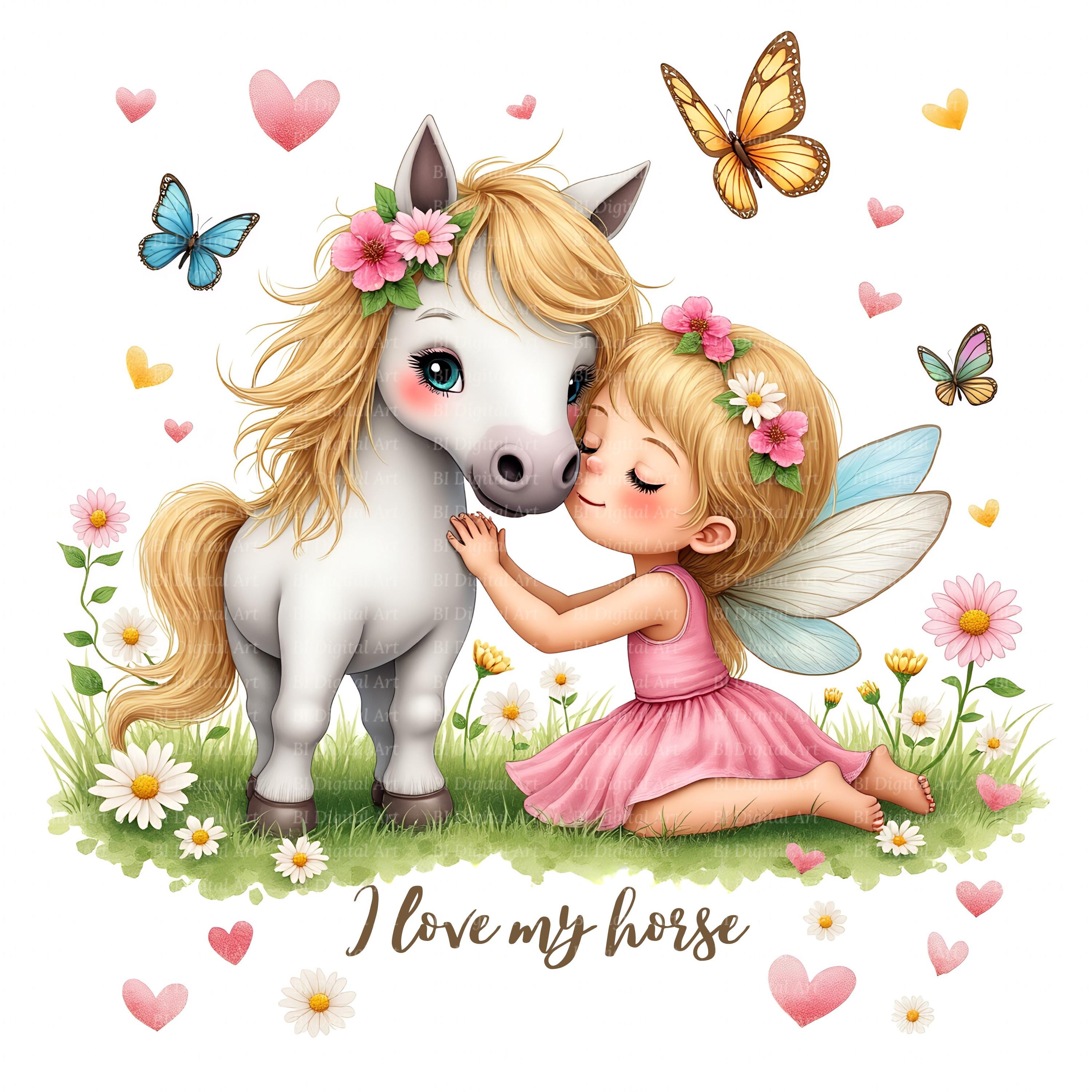 12 Fairy Girl With Horse Cliparts, Printable Watercolor Illustrations ...