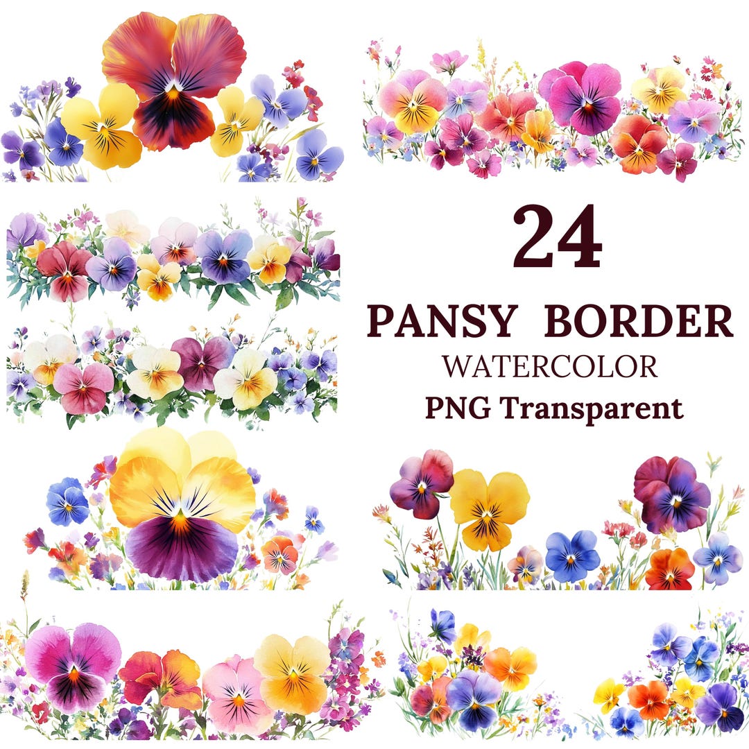 24 Pansies Flower Frames Clipart, Pansy Borders, Printable Watercolor ...