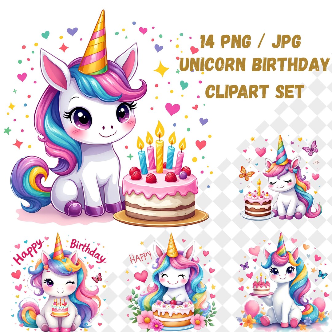 14 Cute Birthday Unicorn Clipart – Colorful Cartoon Unicorn With Cake ...