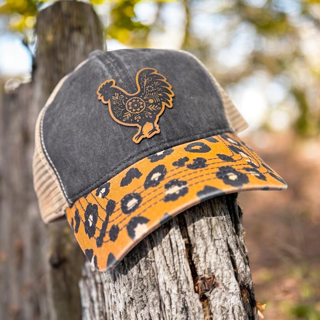 Floral Chicken Leopard Print Ball Cap Hidden Ponytail Hole, Free ...