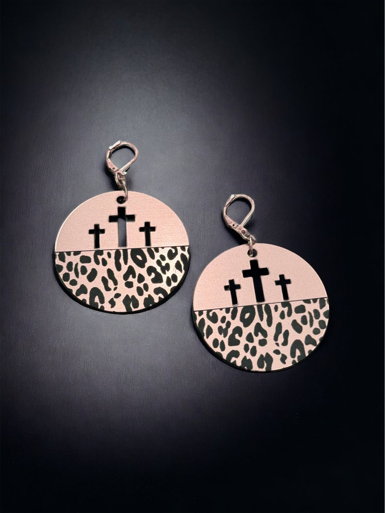 Trendy Rose Gold Christian Cross Earrings Lightweight Acrylic, Leopard ...