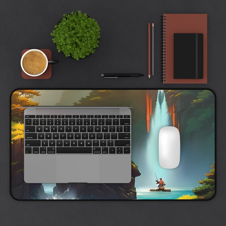 Anime Meditating Samurai Desk Mat, Waterfall Mountains River Landscape ...