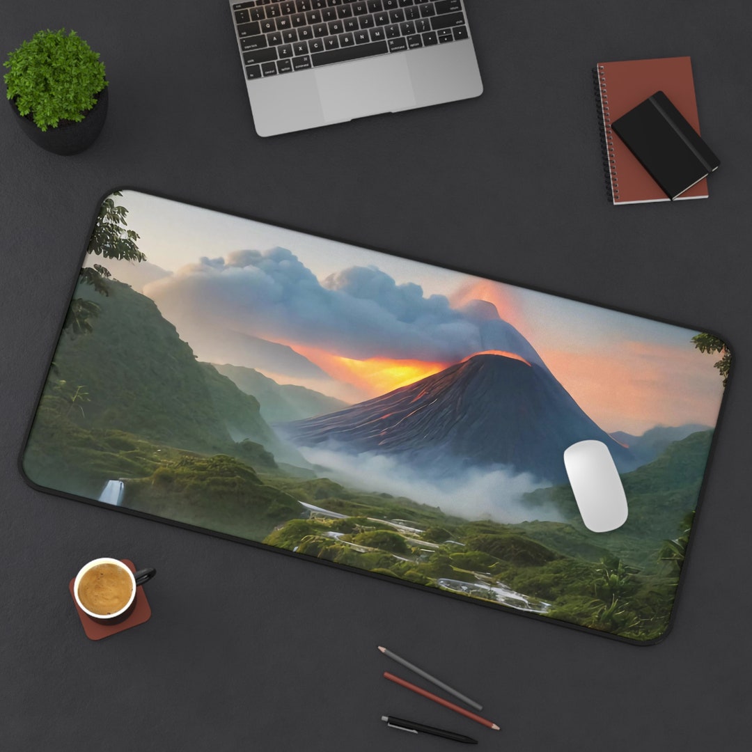 Active Volcano Desk Mat, Jungle Adventure Aesthetic Mousepad, Extra ...