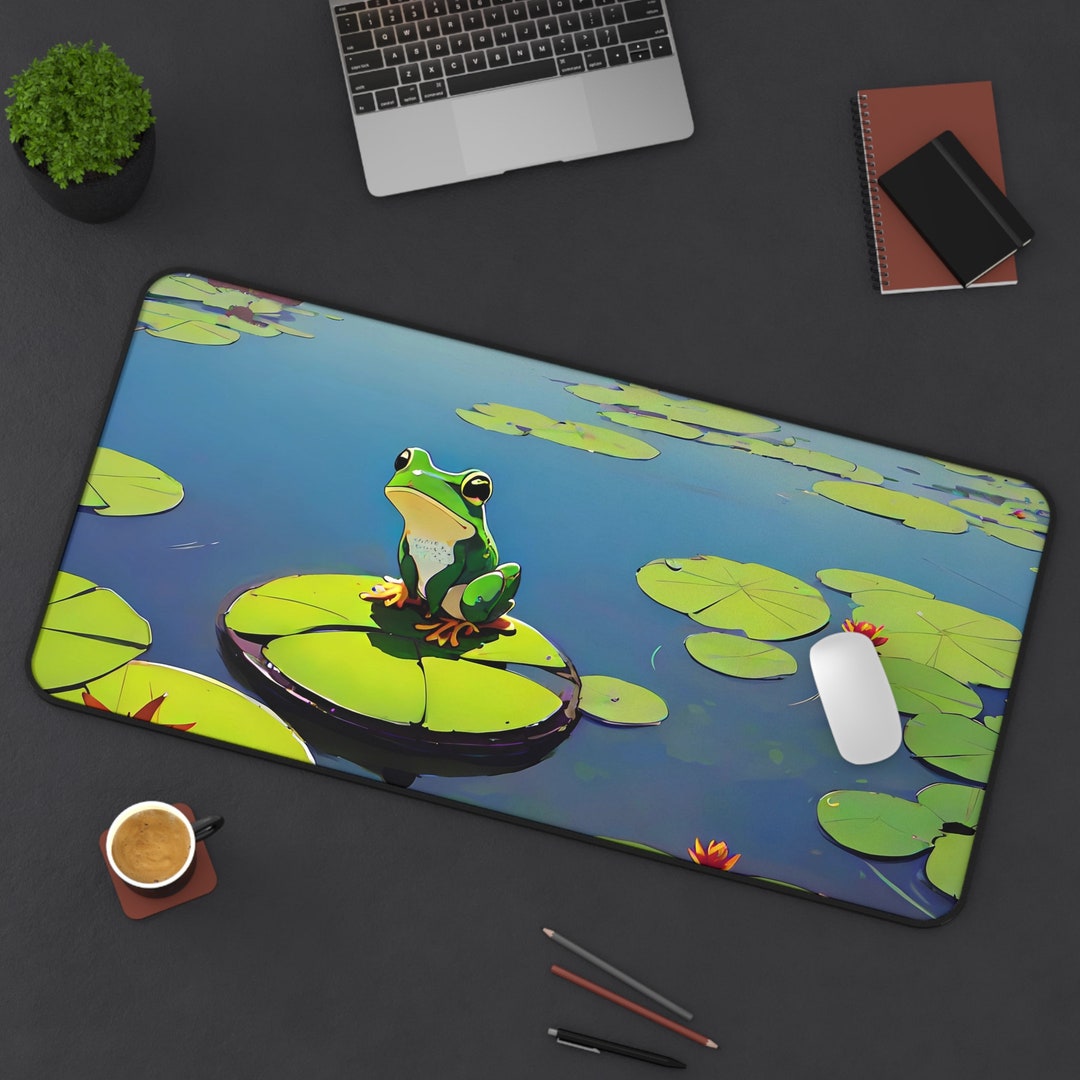 Cute Frog on a Lily Pad Desk Mat, Cute Cartoon Art Style Mousepad ...