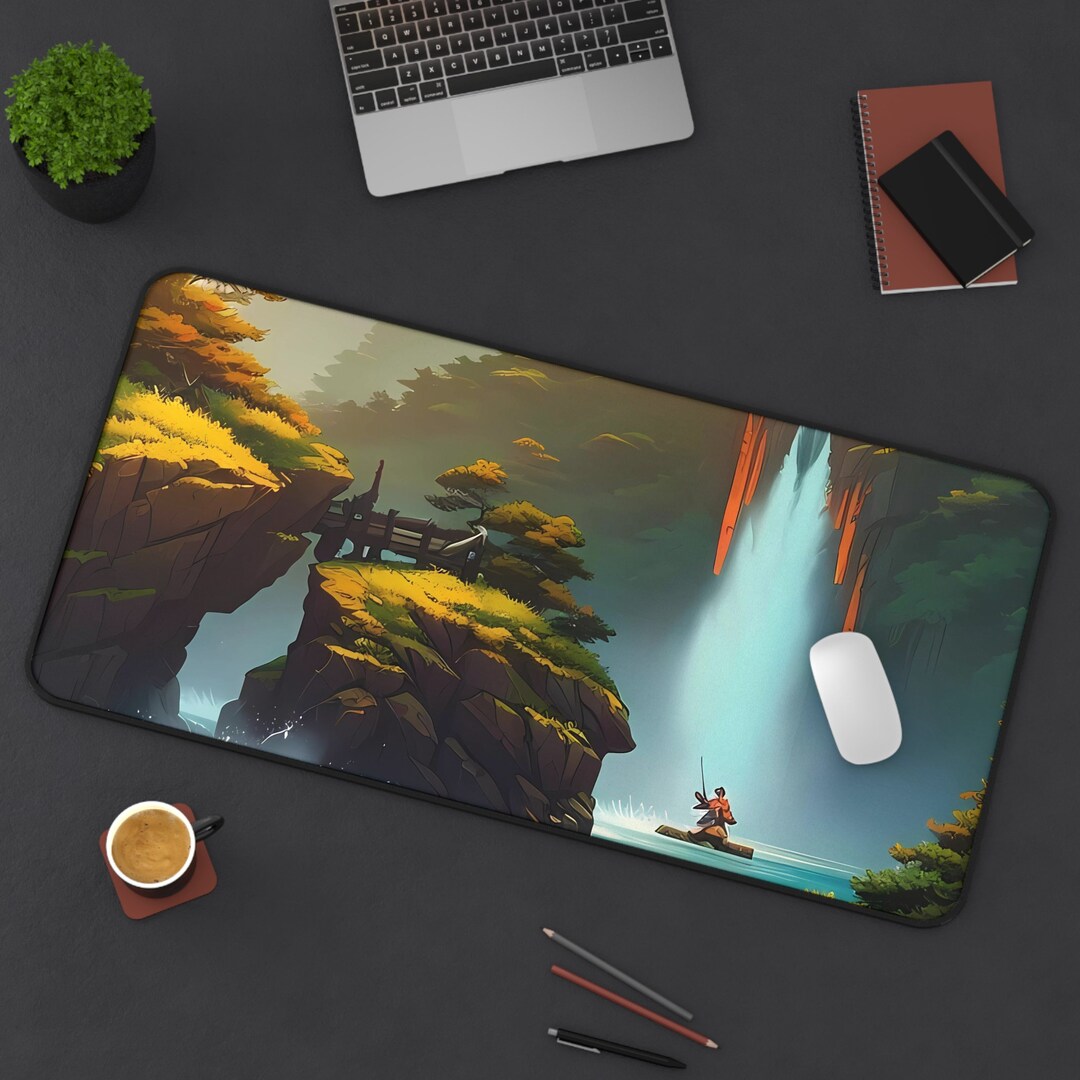 Anime Meditating Samurai Desk Mat, Waterfall Mountains River Landscape ...