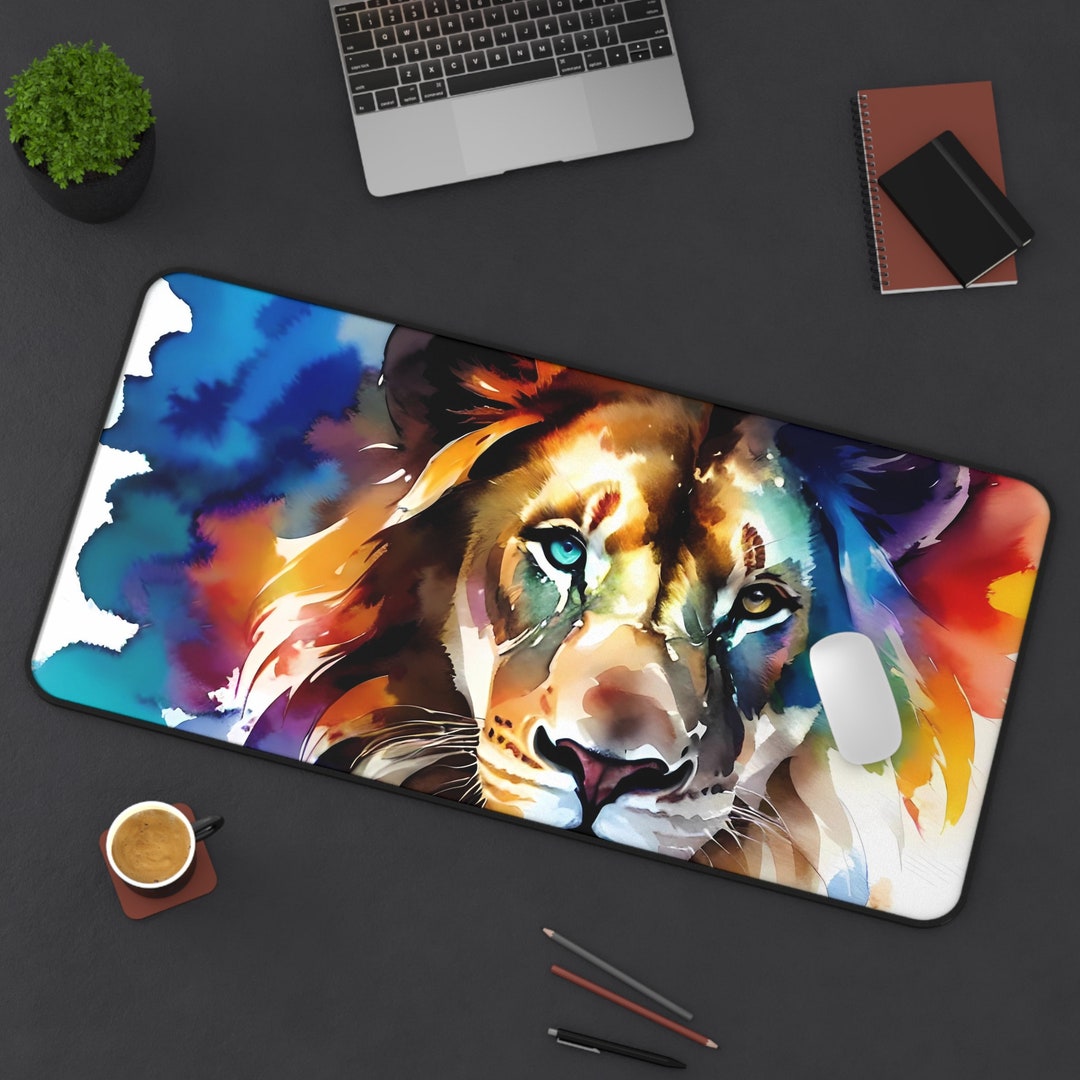 Artistic Lion Desk Mat, Cool Unique Watercolor Style Mousepad, Extra ...